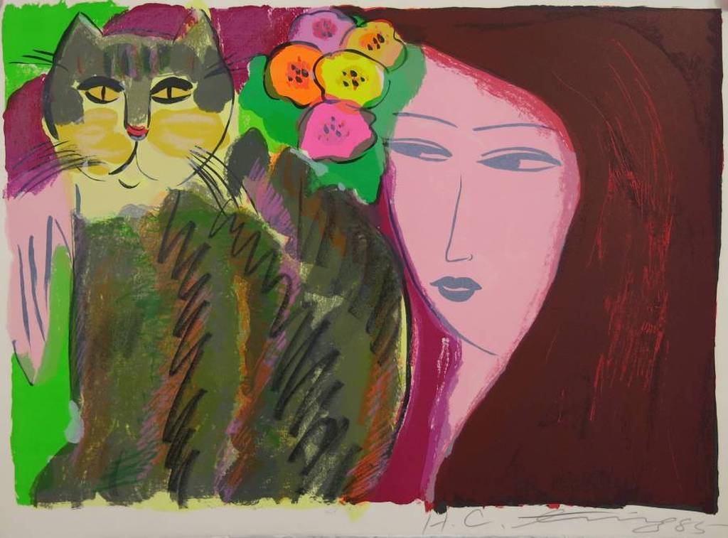 Walasse Ting - Walasse Ting: Litho, Vrouw met kat Verkocht ... Walasse Ting - Walasse Ting: Litho, Vrouw met kat Verkocht ...