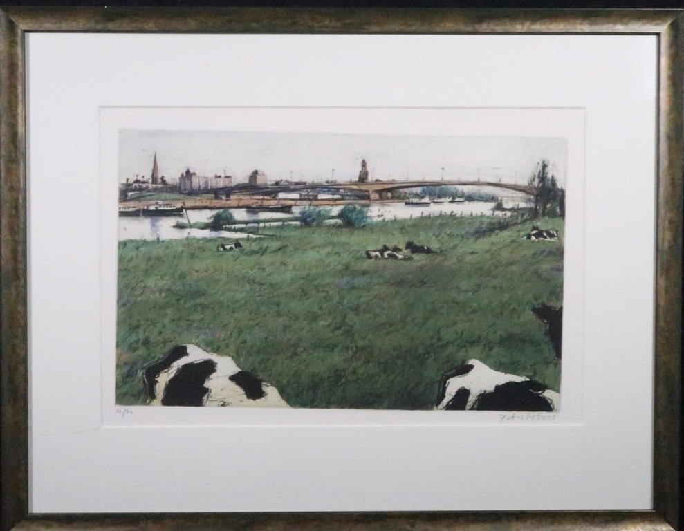 Peter Wever - Peter Wever: Ets, Landschap met koeien - Ingelijst ...