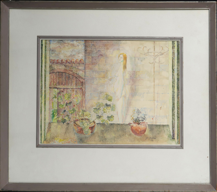 Jos Jansen - Jos Jansen: Aquarel/Gouache, Naakt op terras - Ingelijst ...