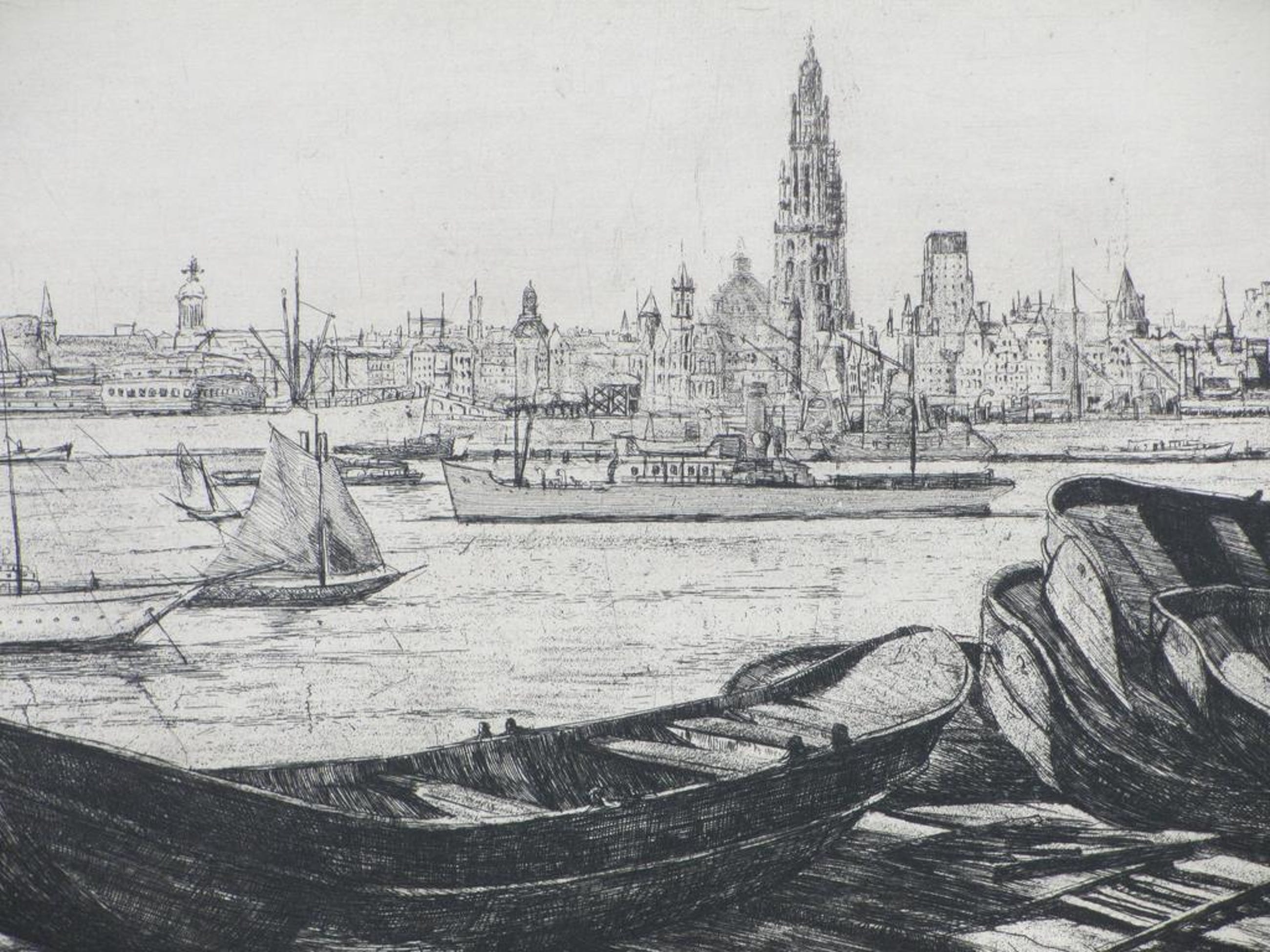 Toon Pluymers - Toon Pluijmers, Gezicht op Antwerpen, Ets Verkocht | Kunstveiling.nl