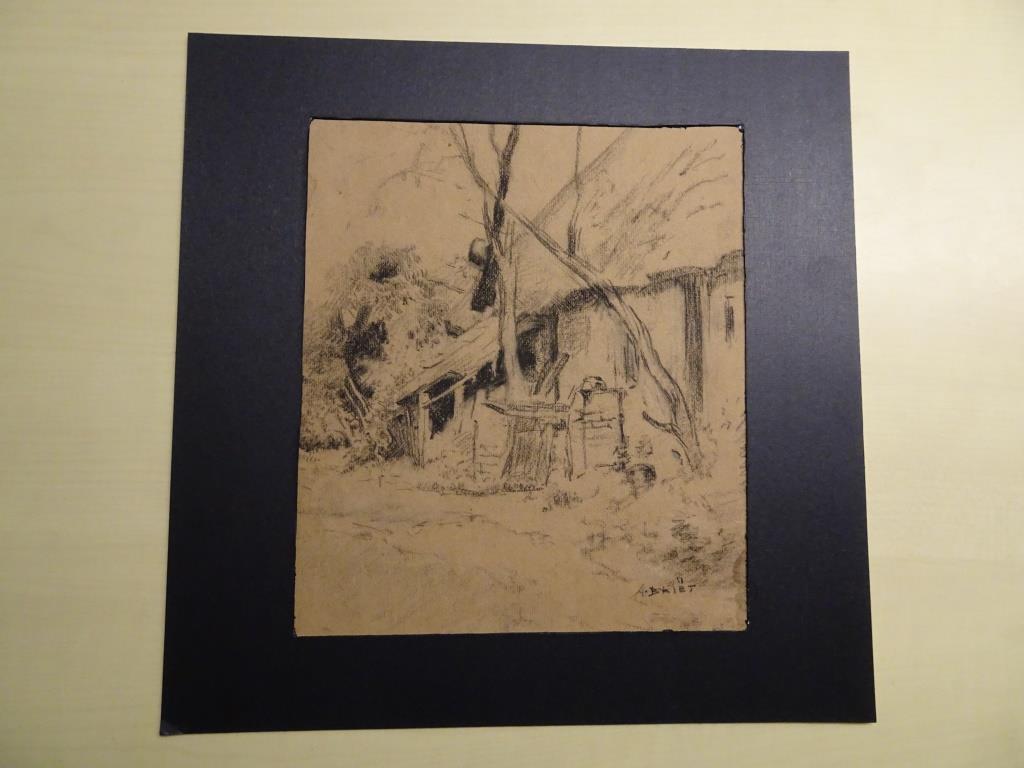 Arthur Briet - Arthur Briët, Houtskooltekening op papier, Boerenerf met ...