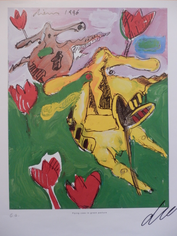 PETER DIEM Giclee FLYING COWS IN GREEN Handgesigneerd Verkocht ...