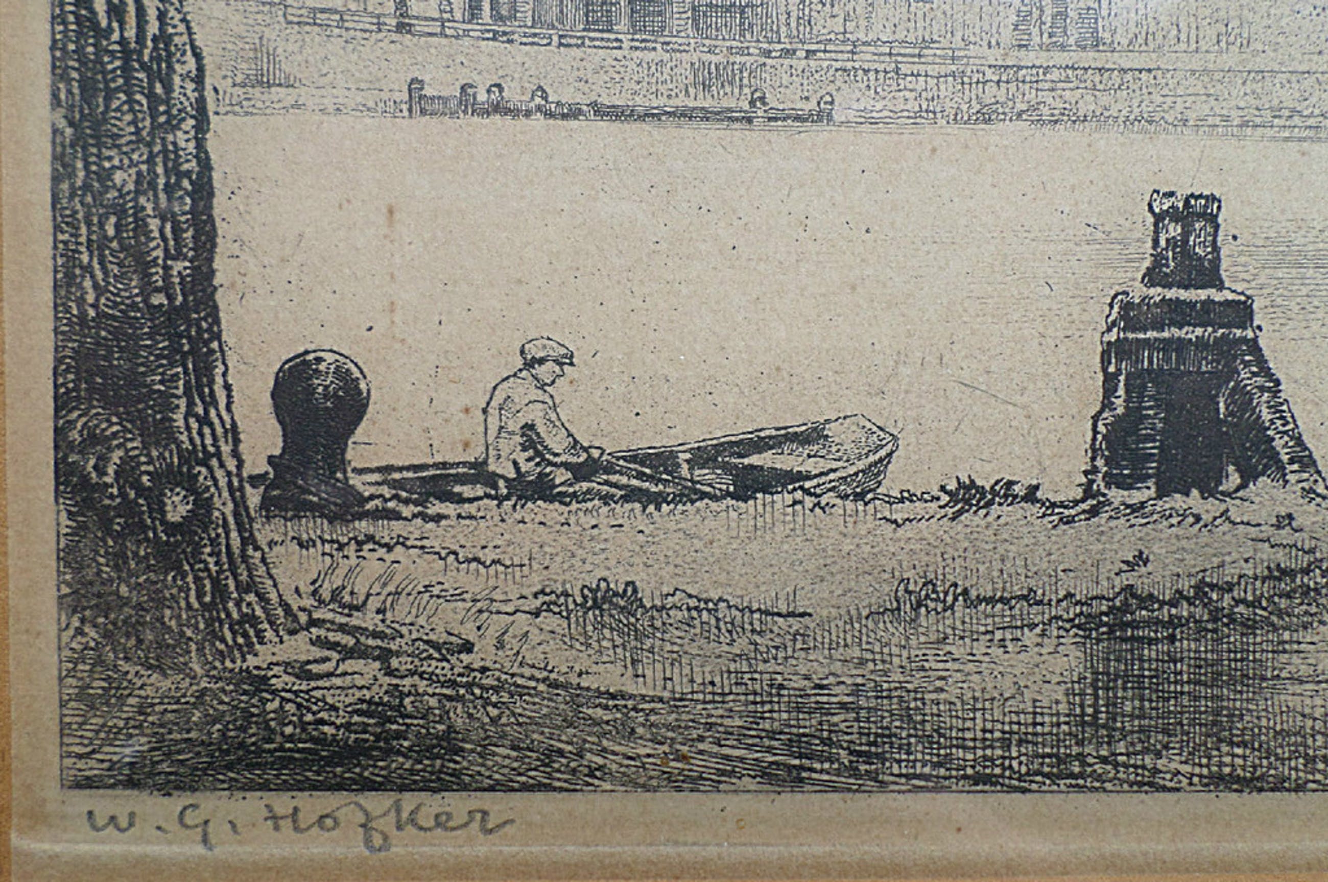 Willem Gerard Hofker - Willem Hofker - Bierwagen langs de Amstel in Amsterdam, ets (ingelijst ...