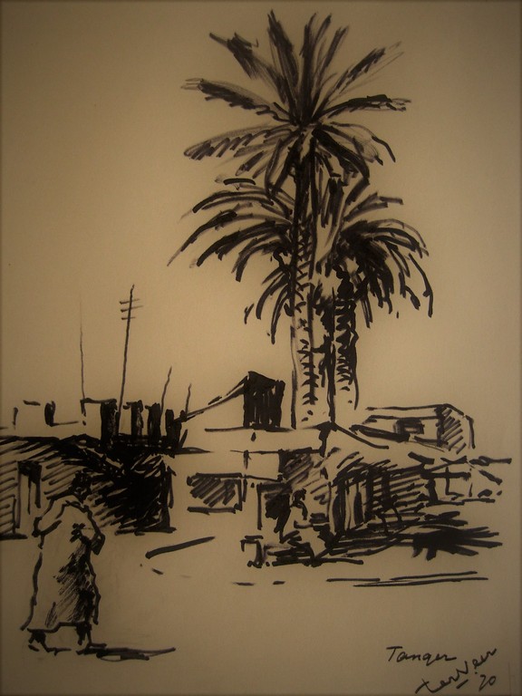 Johan Laurent ter Veer - Oude Orientaalse inkt tekening "Tunesie Tanger ...