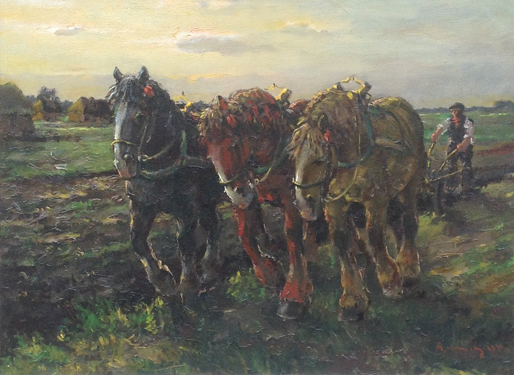 Arnout van Gilst - Arnout van Gilst, ploegende boer in landschap Verkocht | Kunstveiling.nl