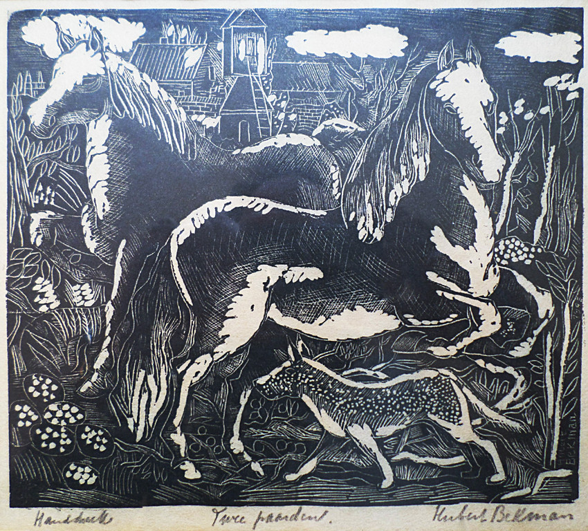Hubert Bekman - Hubert Bekman - Twee paarden, houtsnede (ingelijst ...