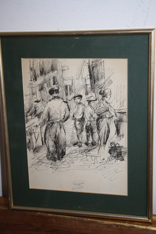 Gerard Johan Staller - Straatverkopers - inkttekening ges staller Verkocht | Kunstveiling.nl