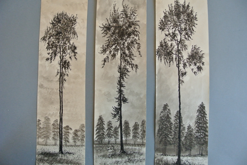 TOM ANEMA. 3 mooie pentekeningen. Bomen in herfstlandschap. Als ...