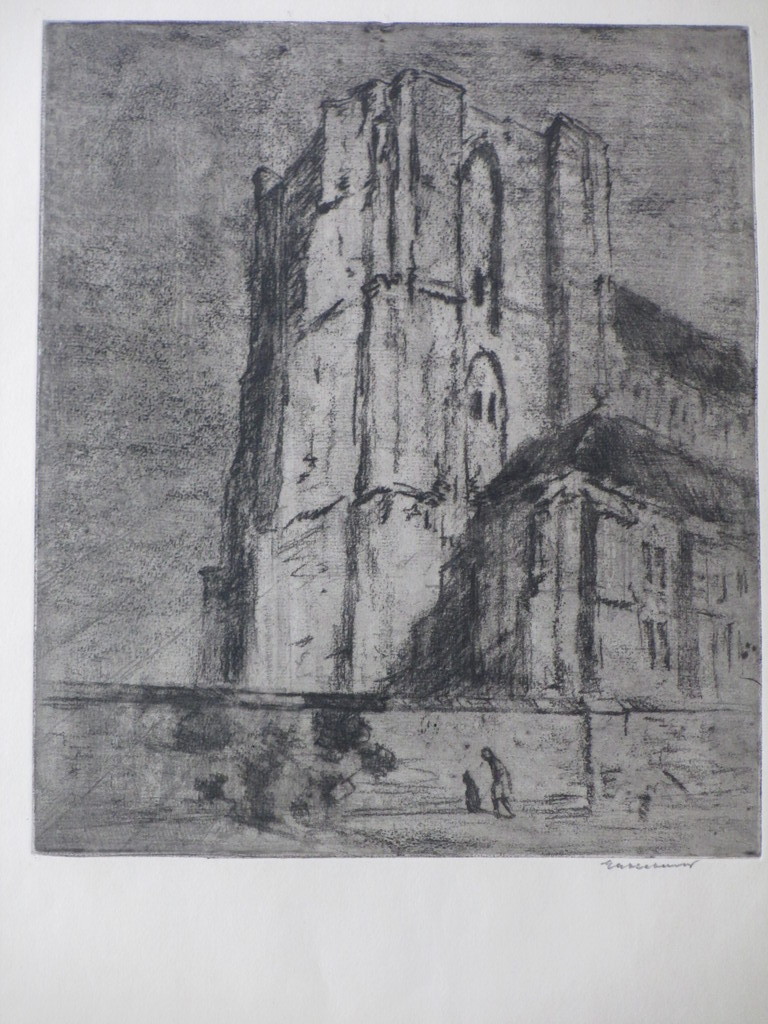 Anton Erkelens - Anton Erkelens, Wandelaar onder Kerk, Ets Verkocht | Kunstveiling.nl