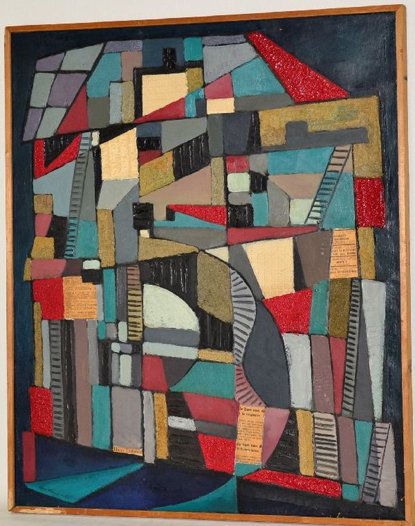 Hans Timmer - Hans Timmer: Olieverf met collage op doek. Huis met ...