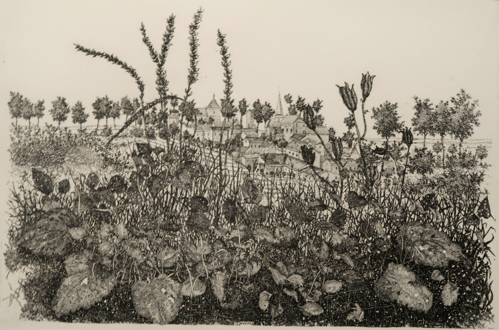 Willem Minderman - Willem Minderman: Ets, Z.T. Landschap met dorp ...