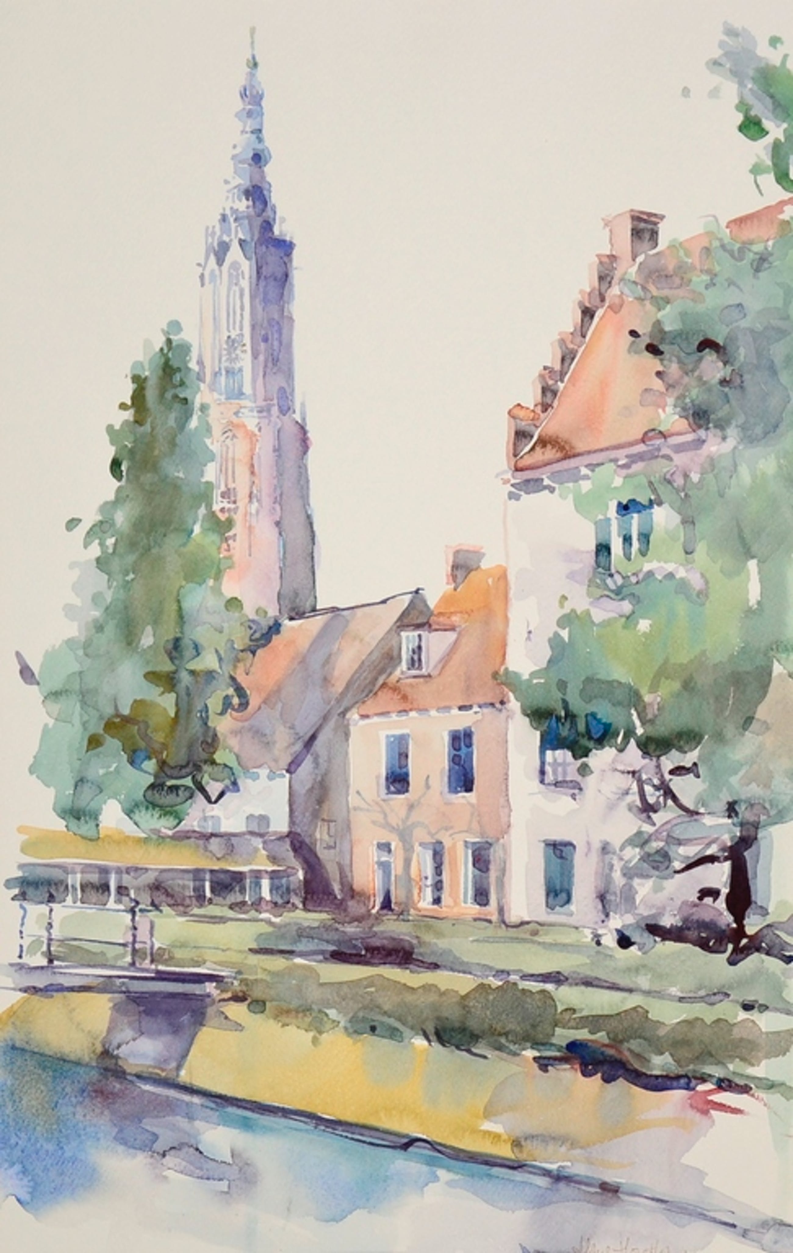 Hans Houtkamp - Hans Houtkamp: Grote Aquareltekening 'Dorp met ...