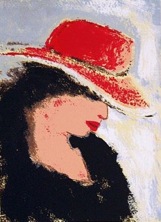 Jose van Gool - José van Gool, Dame met rode hoed (1), 28 x 38 cm ...