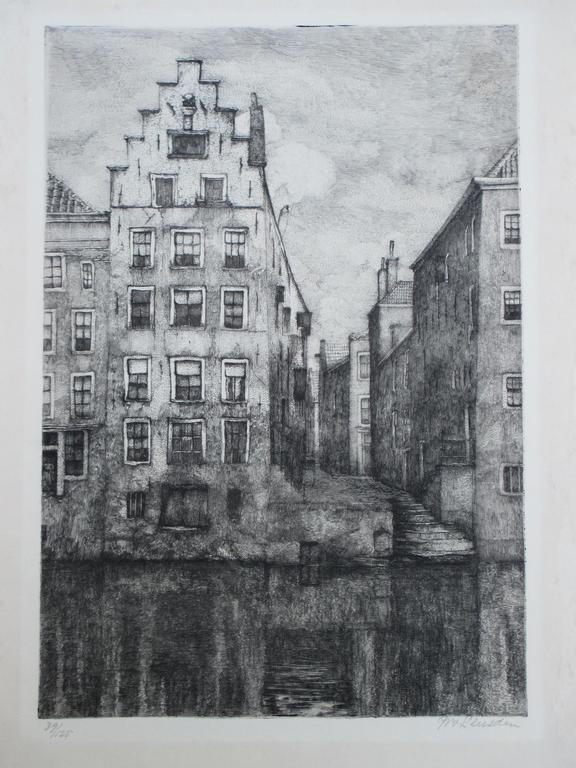 Wllem van Leusden, Huizen aan een gracht, Ets Verkocht | Kunstveiling.nl