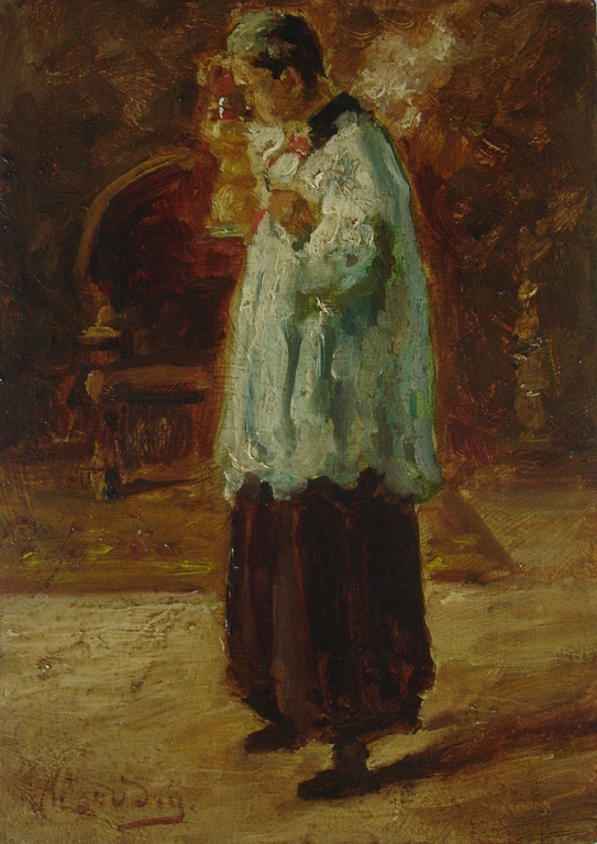 Alois Boudry - Alois Boudry-Olieverf op paneel - De misdienaar Verkocht ...