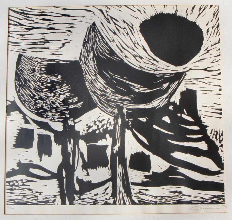 LIBBE VENEMA 1937-1994 handgesign. Houtsnede boerderijen in Echten (Dr ...