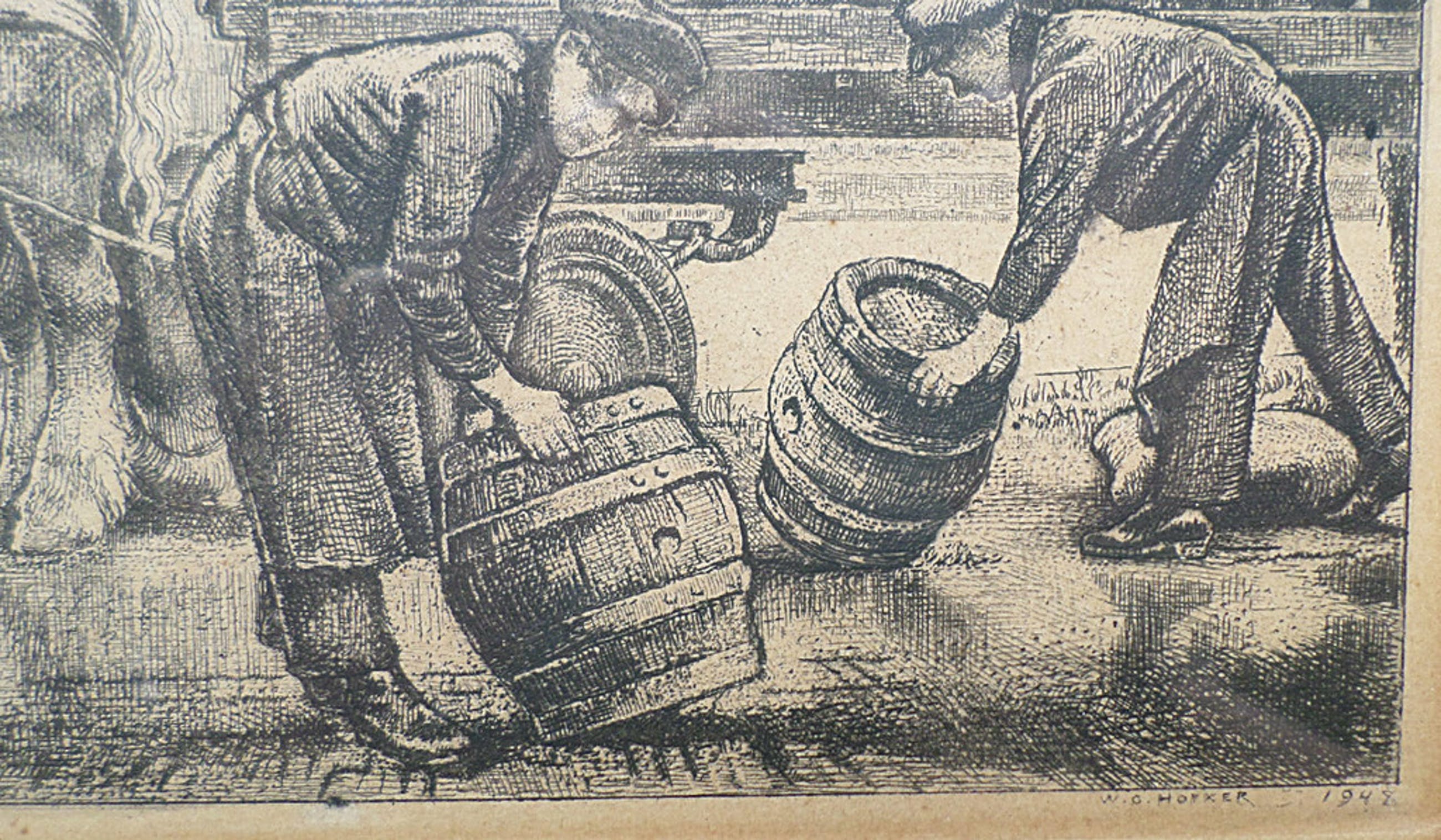 Willem Gerard Hofker - Willem Hofker - Bierwagen langs de Amstel in Amsterdam, ets (ingelijst ...