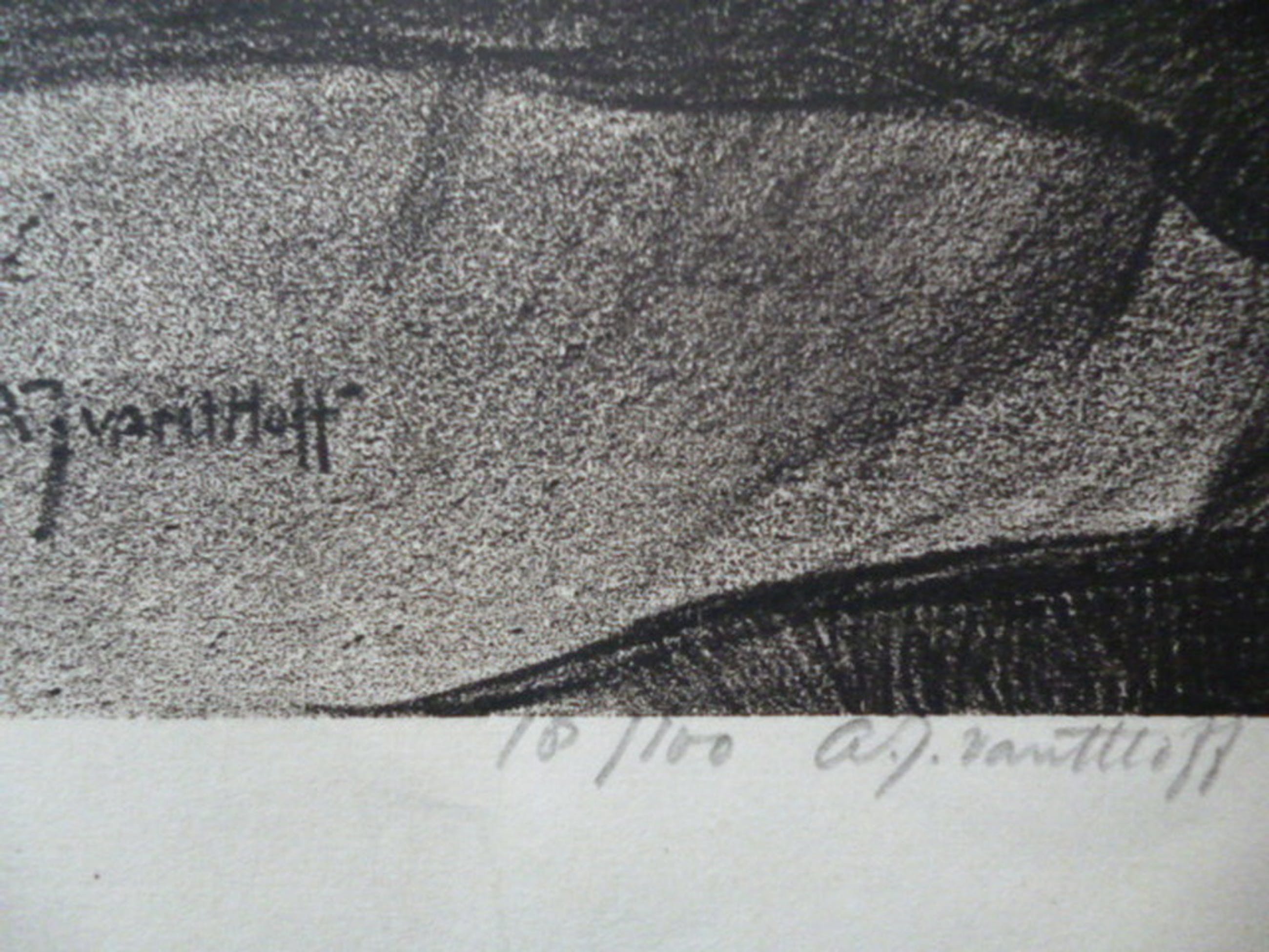 Adriaan van 't Hoff - A.J. van 't Hoff - litho - Burlend hert met hinde ...