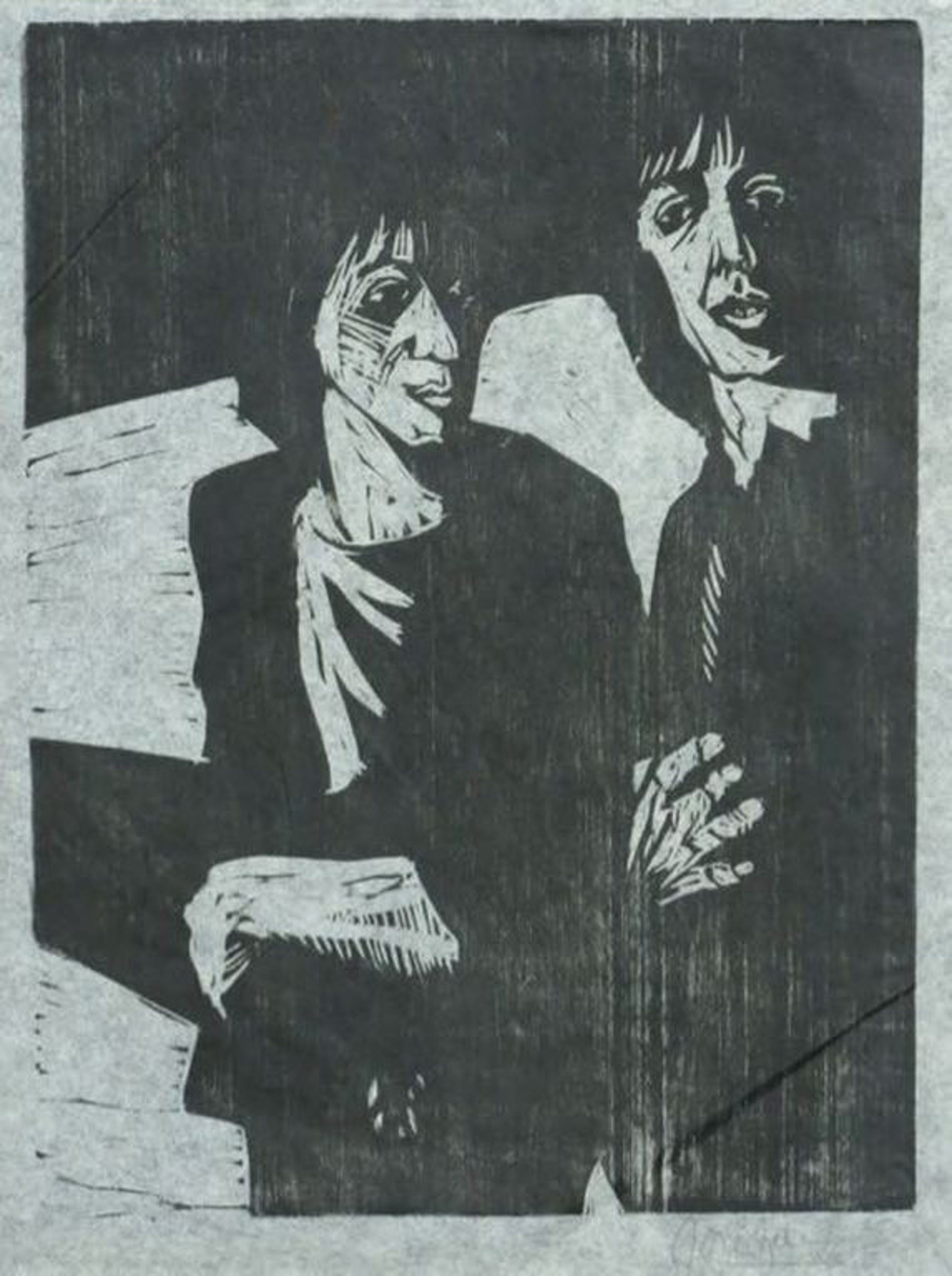 Jose Jansen: Houtsnede, Twee figuren Verkocht | Kunstveiling.nl