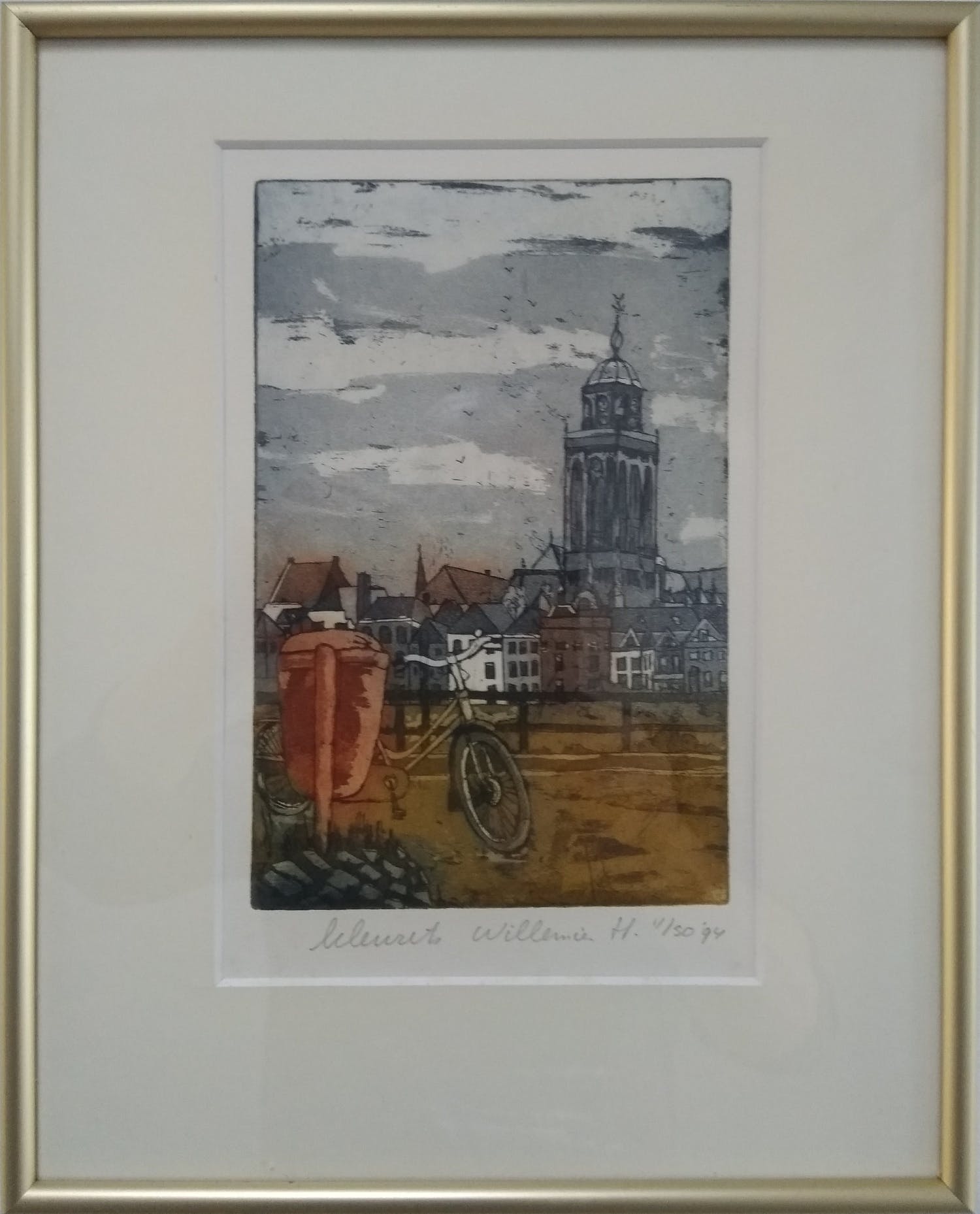 Willemien Holterman - Kleurenets "Zicht op Deventer met fiets." 1994 ...