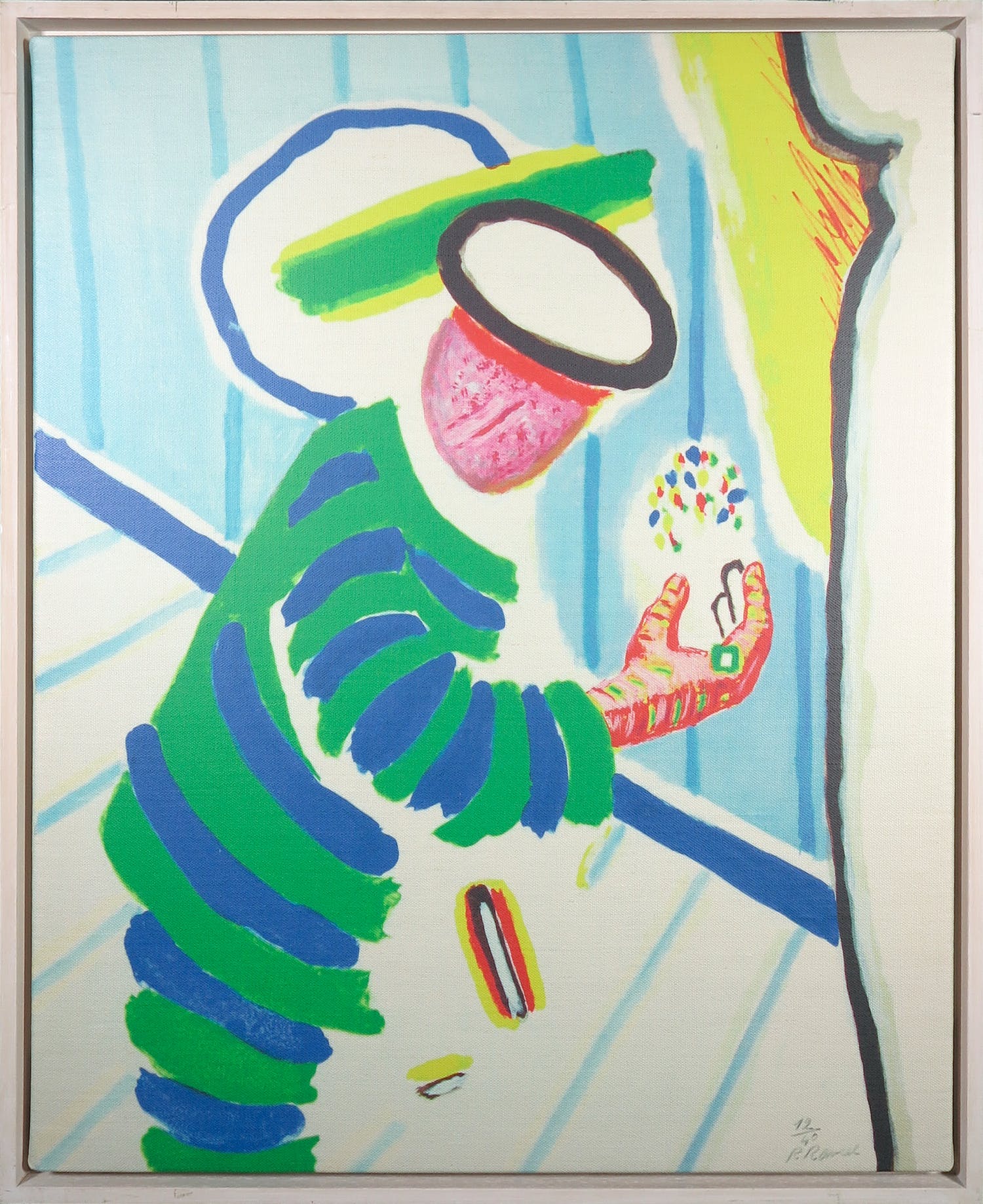 Roger Raveel - Zeefdruk op doek, Gestreepte man in gestreepte ruimte ...