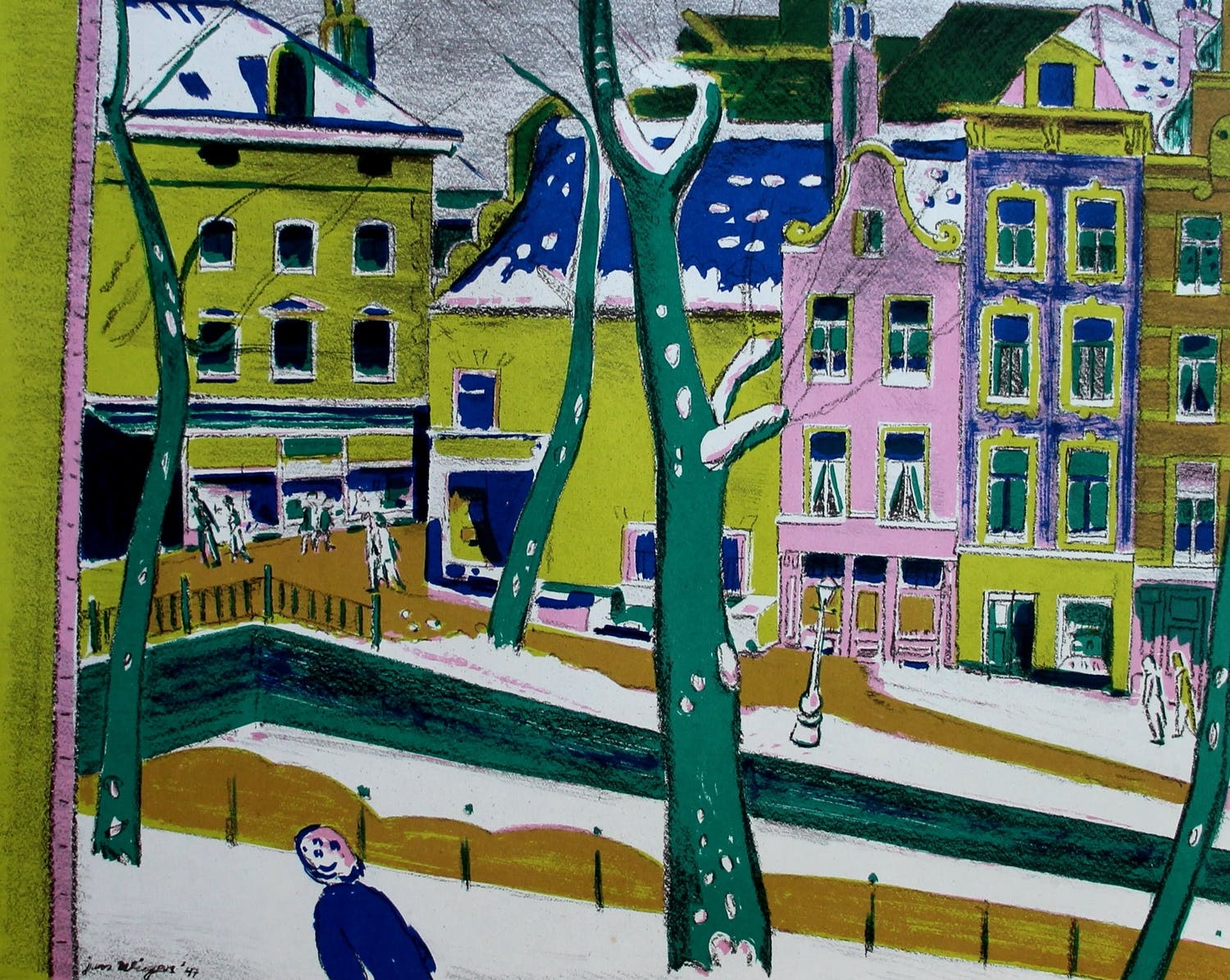 Jan Wiegers - Kleurenlitho: Achterburgwal - 1947 Verkocht | Kunstveiling.nl