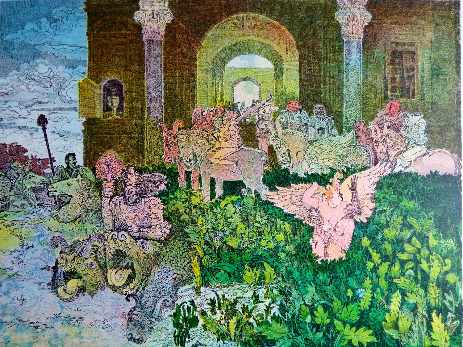 Raffaele De Rosa RIDDERS TE PAARD KLEURLITHO 56x68cm SIG