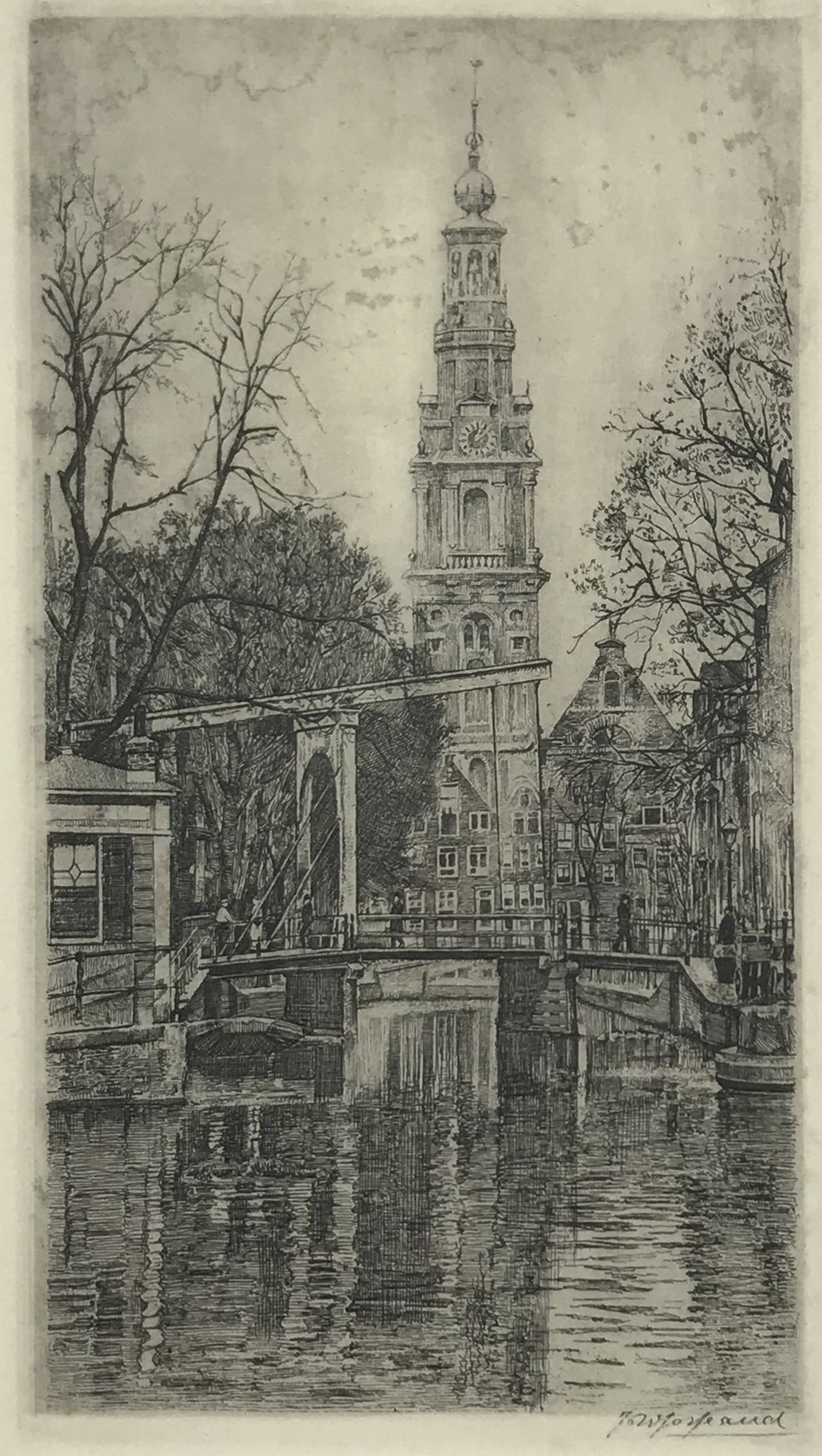 Johannes Josseaud - Ets, Gezicht op de Zuiderkerk in Amsterdam - Ingelijst Verkocht ...