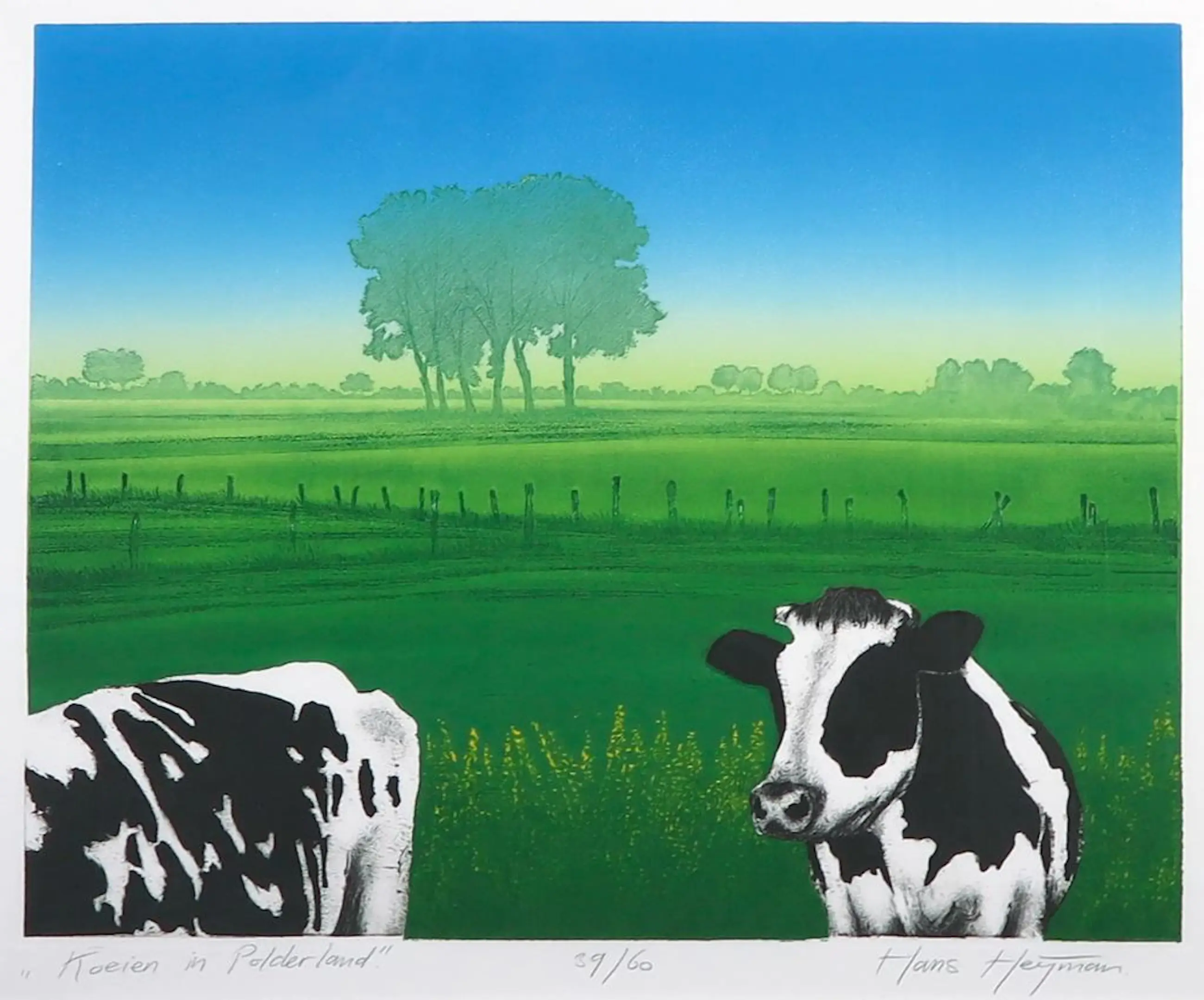 Hans Heijman - E56180 Zeefdruk, Koeien in Polderland - Ingelijst ...