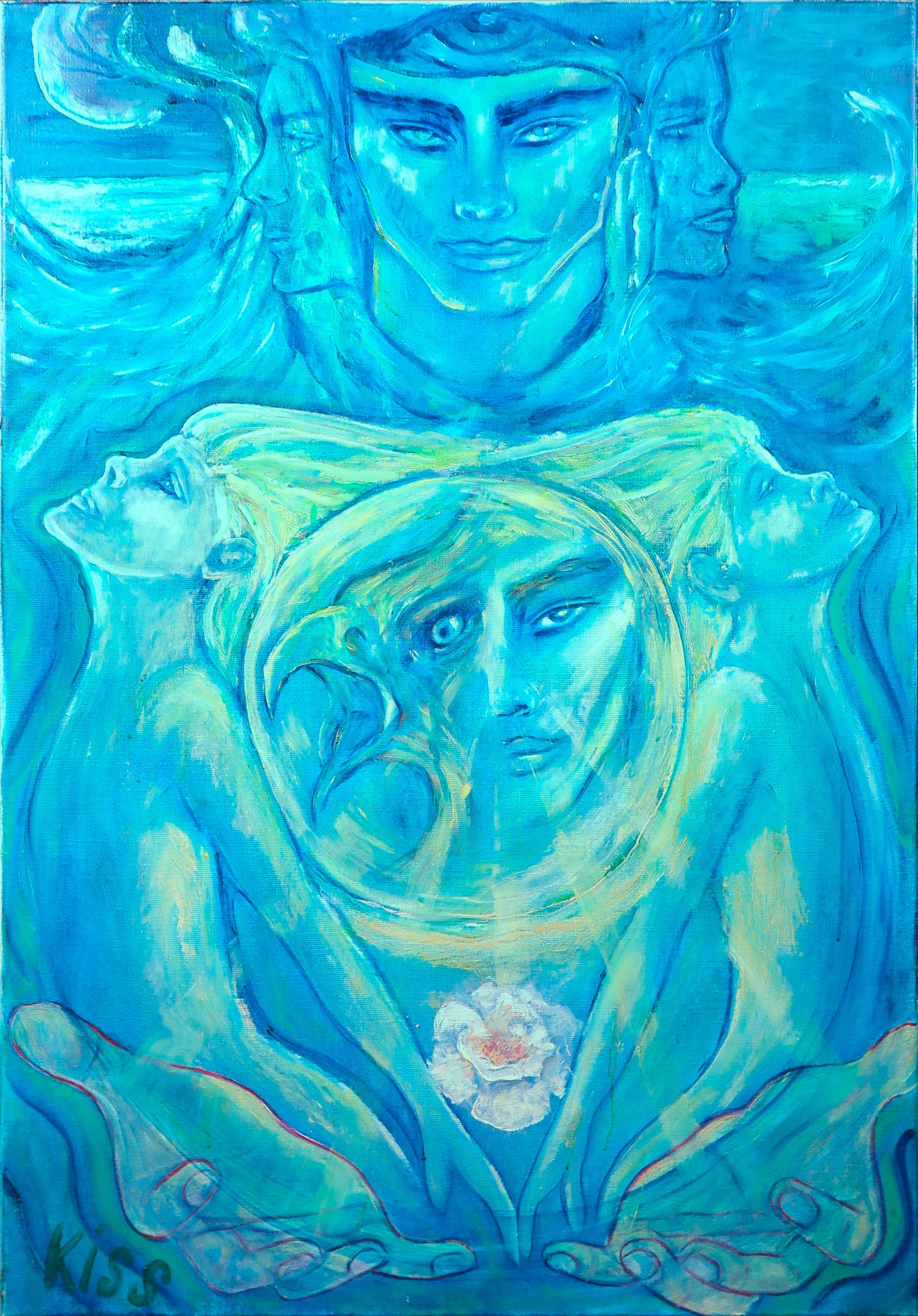 Kiss Riemvis - Olieverf op doek, z.t. Fantasy figuren glazen bol (Groot ...