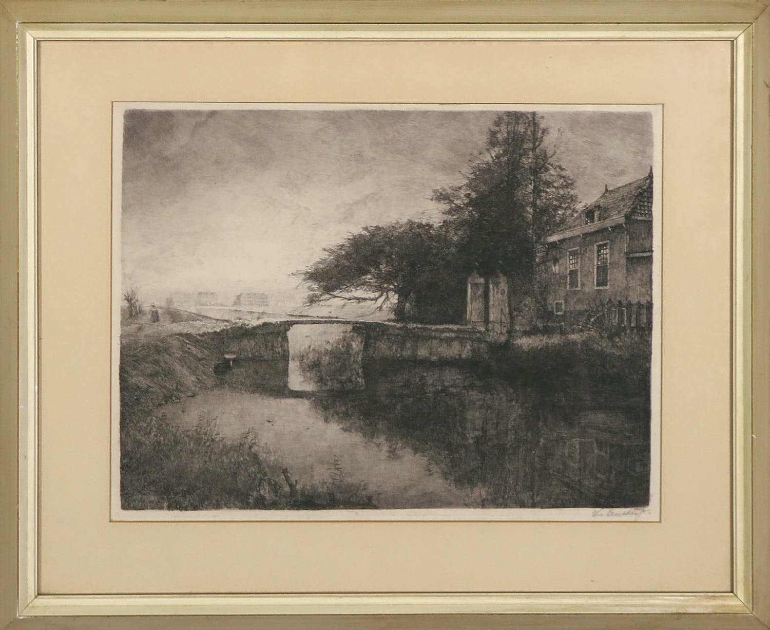 Willem van Leusden - Ets, Bruggetje - Ingelijst Verkocht | Kunstveiling.nl