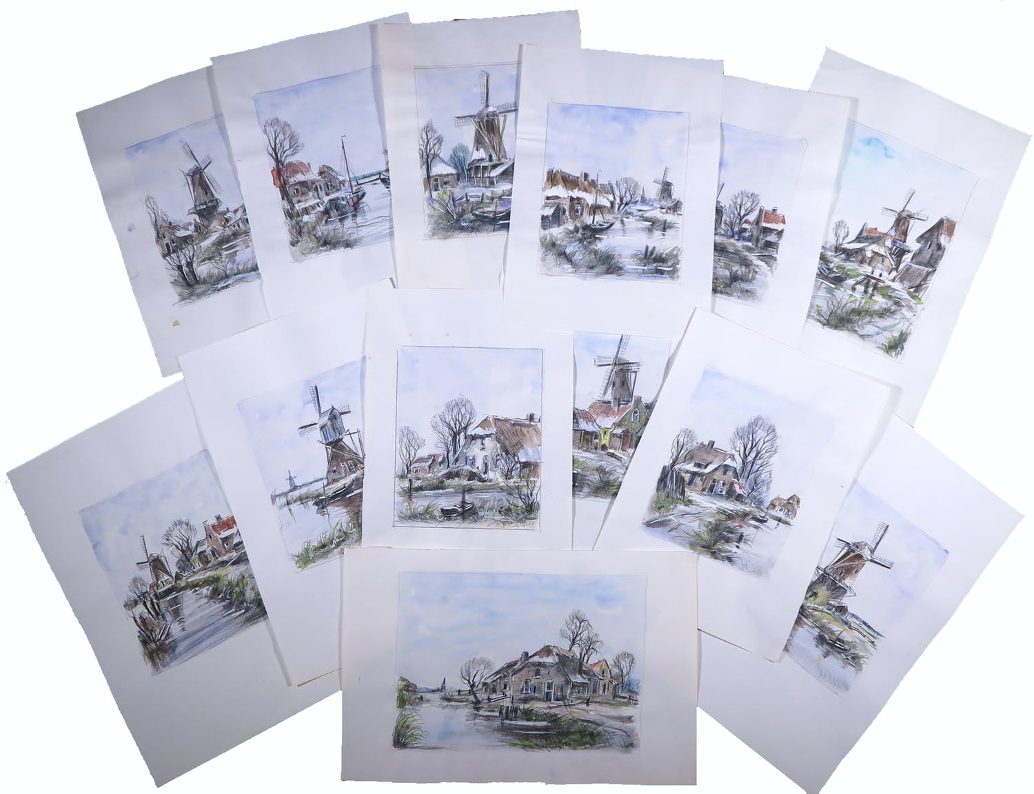 Jan van Delft - Lot, Diverse Aquarellen van Winterse Molens ...