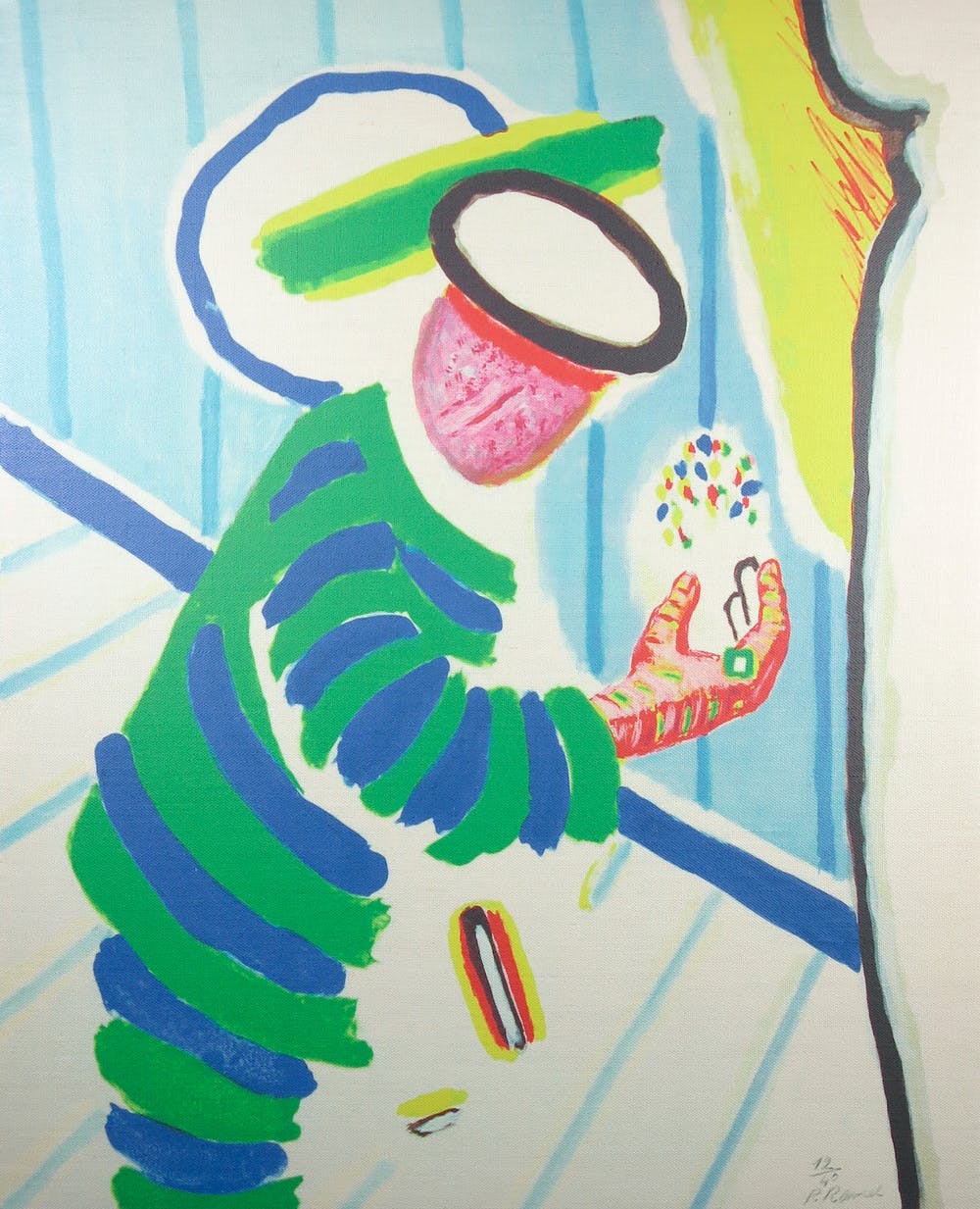 Roger Raveel - Zeefdruk op doek, Gestreepte man in gestreepte ruimte ...