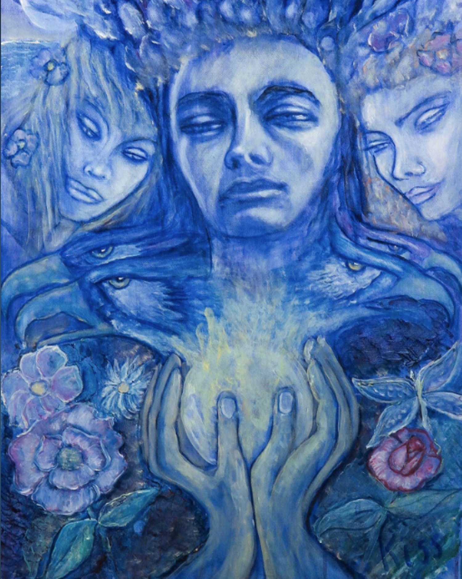 Kiss Riemvis - Olieverf op doek, z.t. Fantasy figuren met vuurbal ...