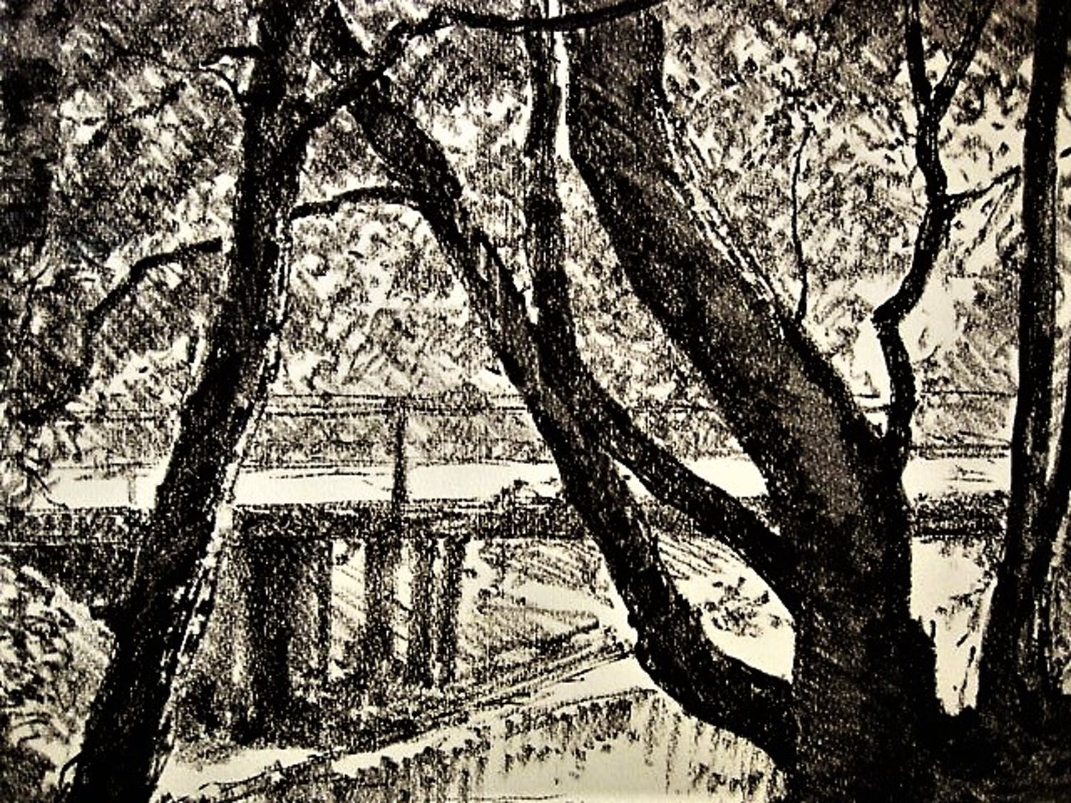 Frans Mars - Grote gesigneerde Houtskool tekening "Brug bij Jisperveld ...