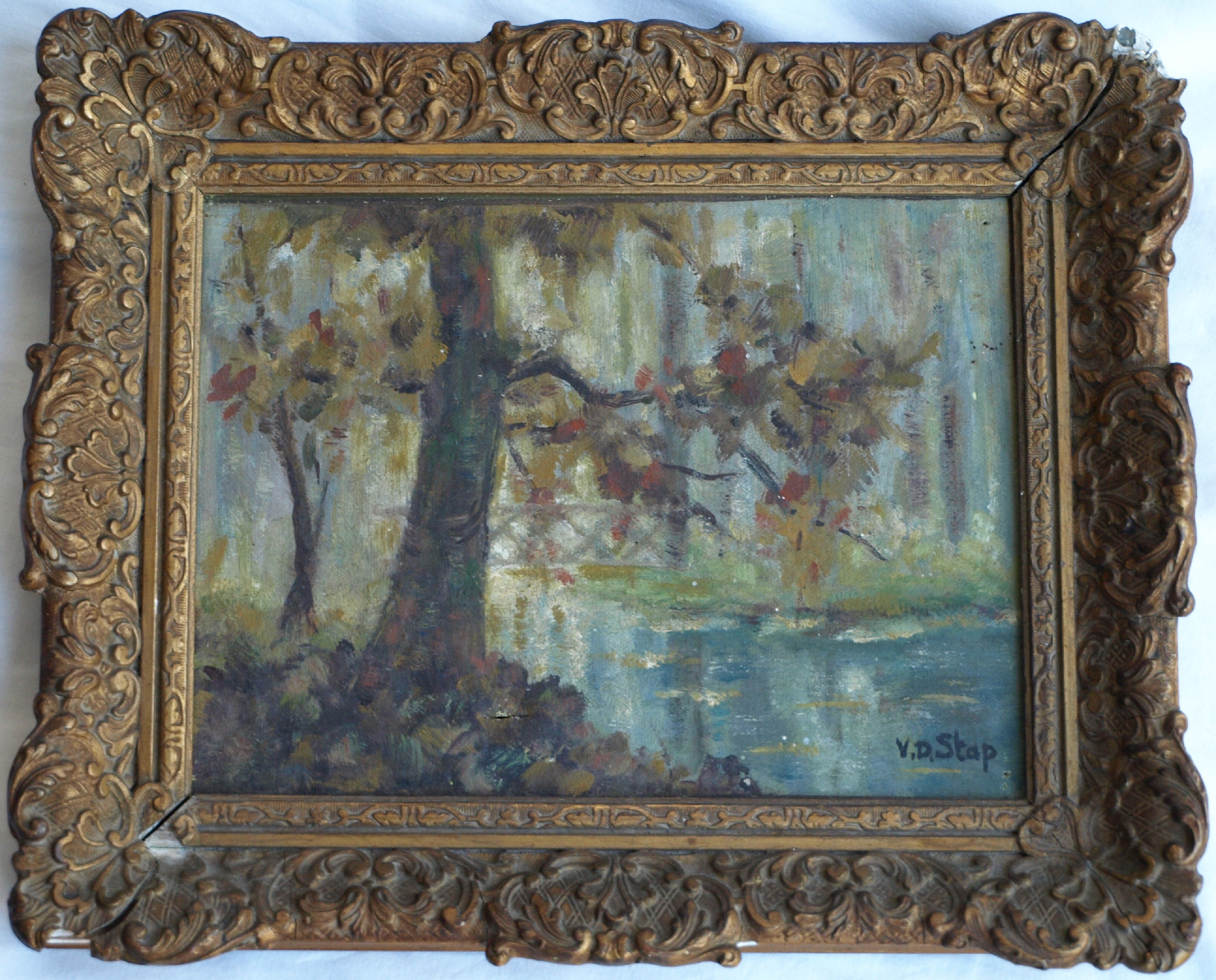Jan J. van der Stap - Olieverf op doek , landschap met brug – ingelijst ...