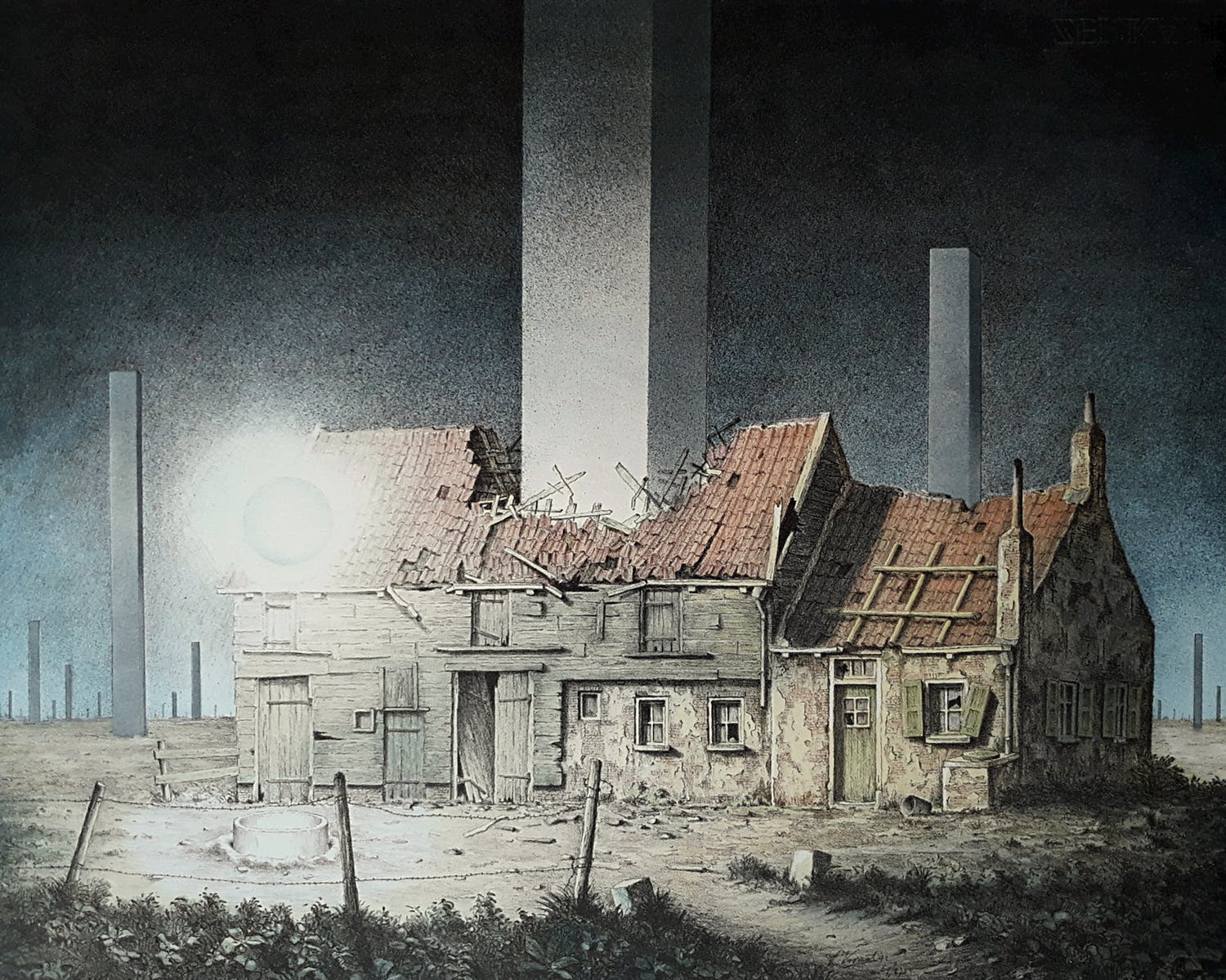 Theo Voorzaat - Vervallen huis in surrealistisch landschap, litho Verkocht | Kunstveiling.nl