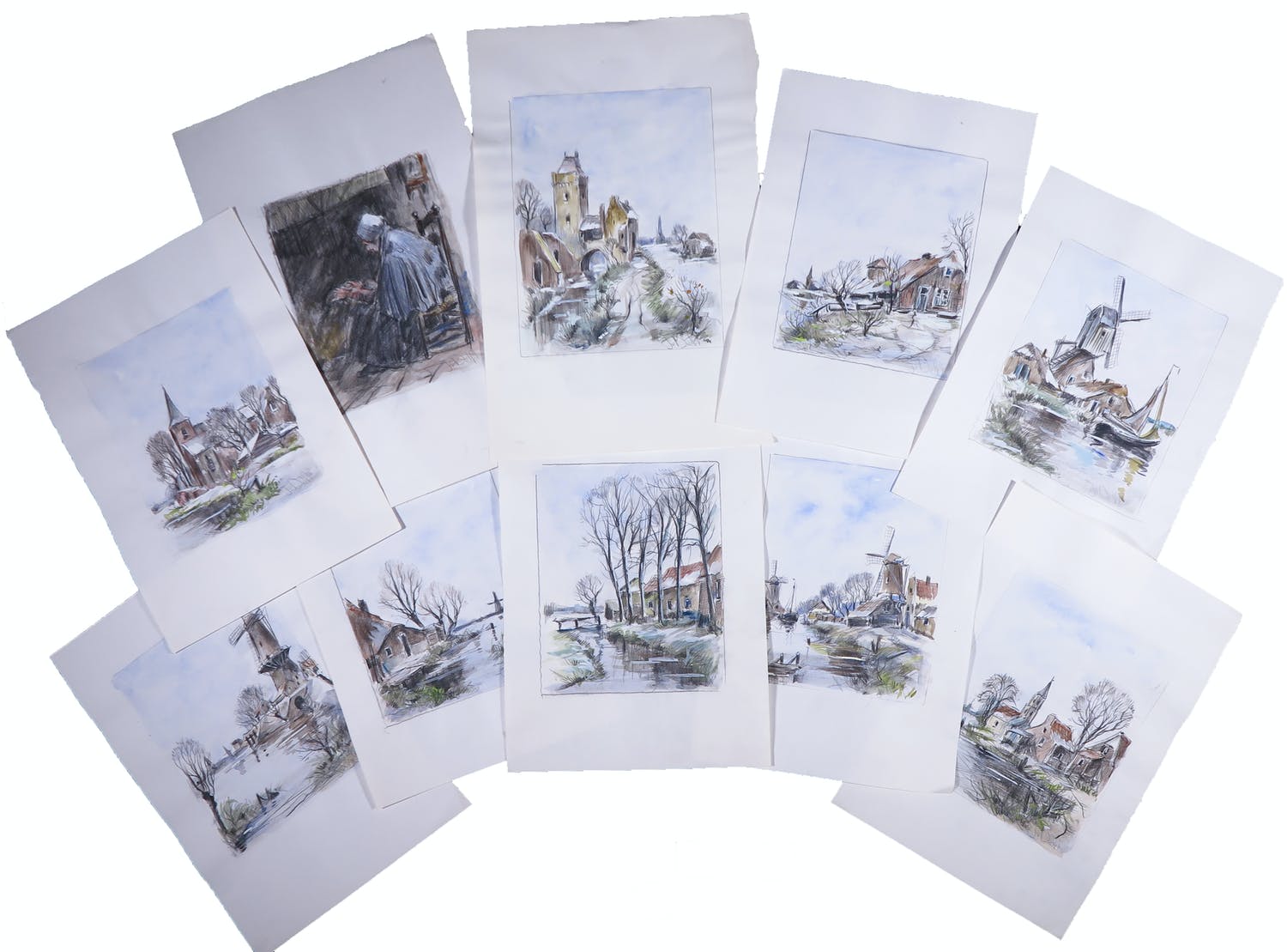 Jan van Delft - Lot, Aquarel van een Vrouw bij een Haard, daarbij ...