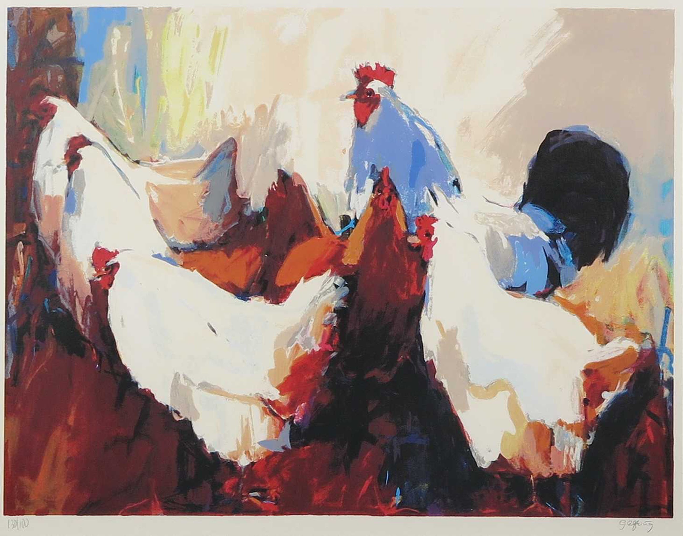 Gerda Elfring - Zeefdruk, 6 Kippen - Ingelijst Verkocht | Kunstveiling.nl