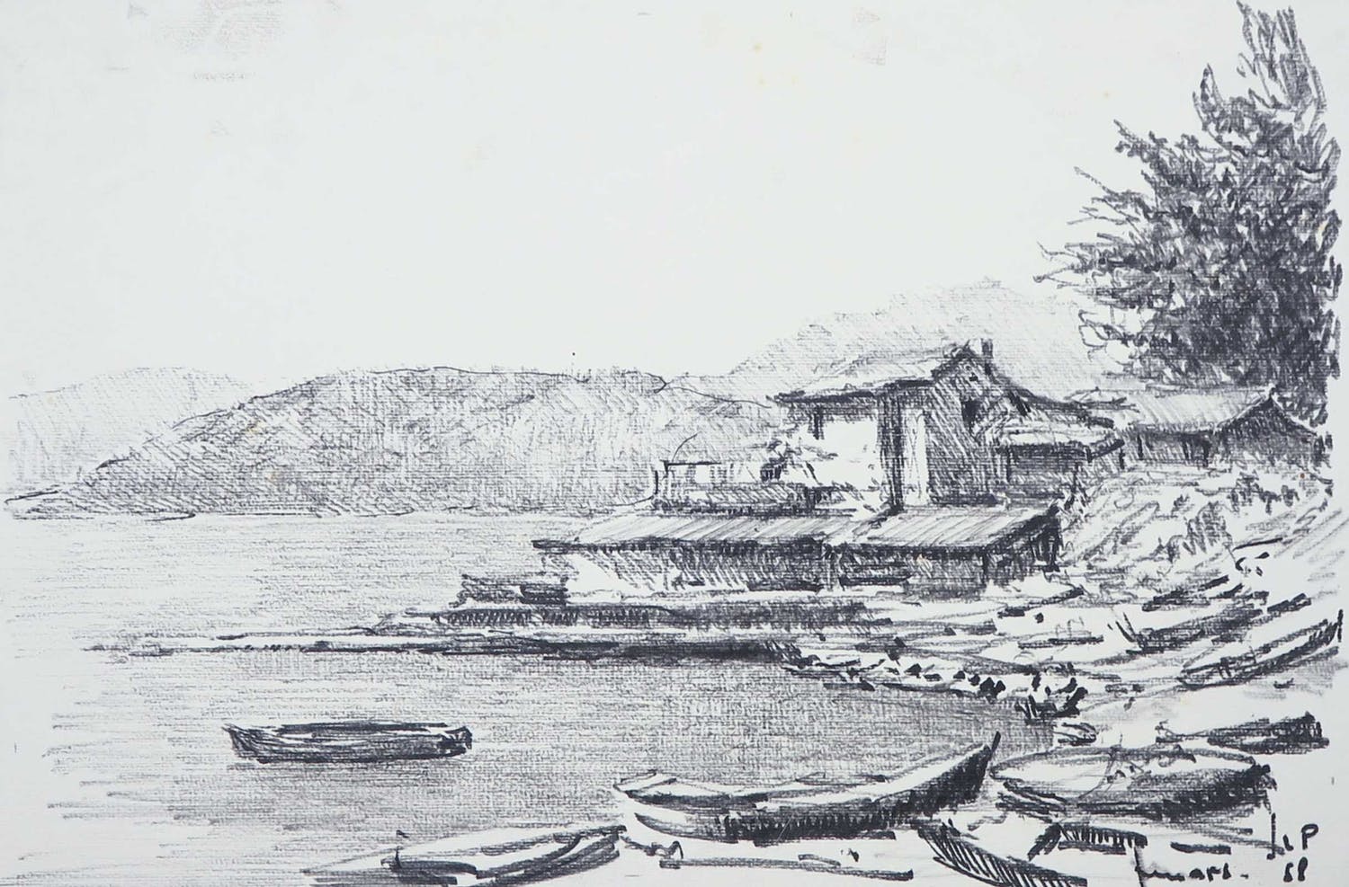 Frans Mars - Houtskooltekening, Hutje aan meer Verkocht | Kunstveiling.nl