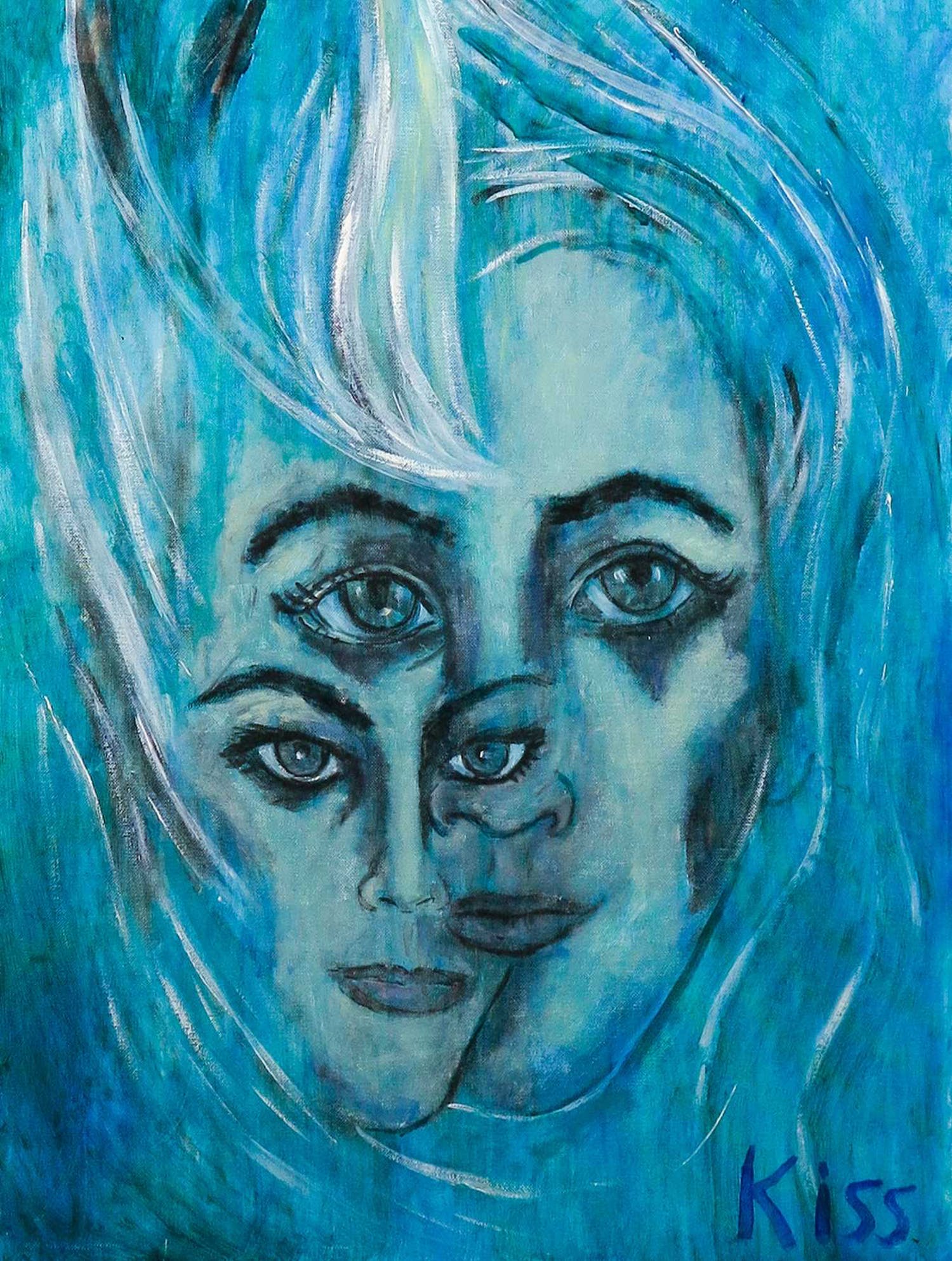 Kiss Riemvis - Olieverf op canvasboard, z.t. Fantasy twee gezichten ...
