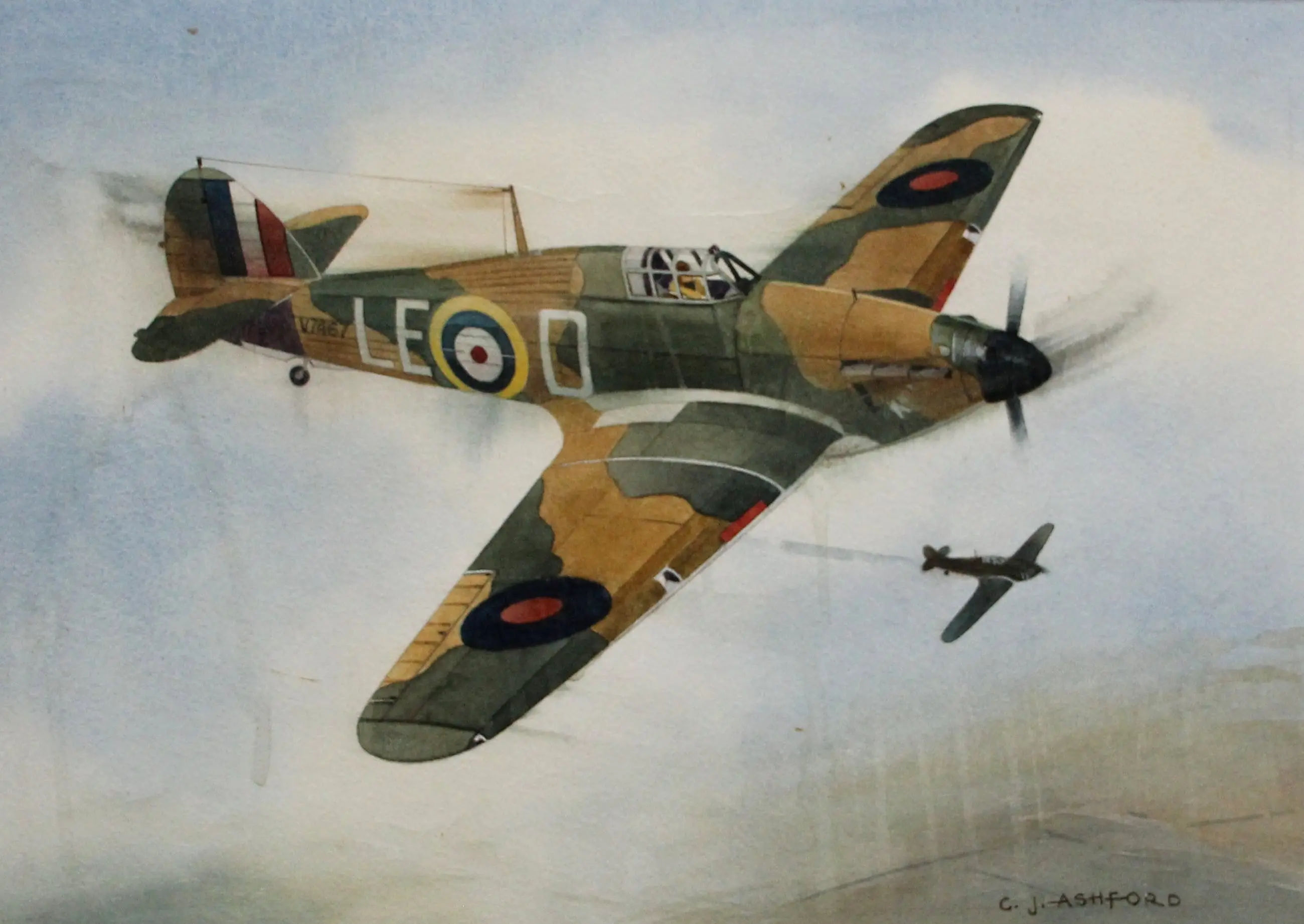 Colin James Ashford - Aquarel: Hawker Hurricane tijdens de vlucht kopen ...