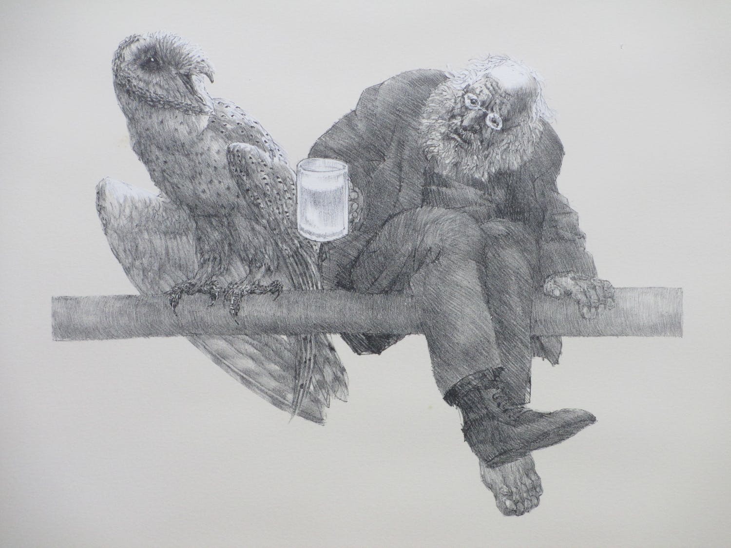 Peter Vos - Oude Man met Uil - Litho Verkocht | Kunstveiling.nl