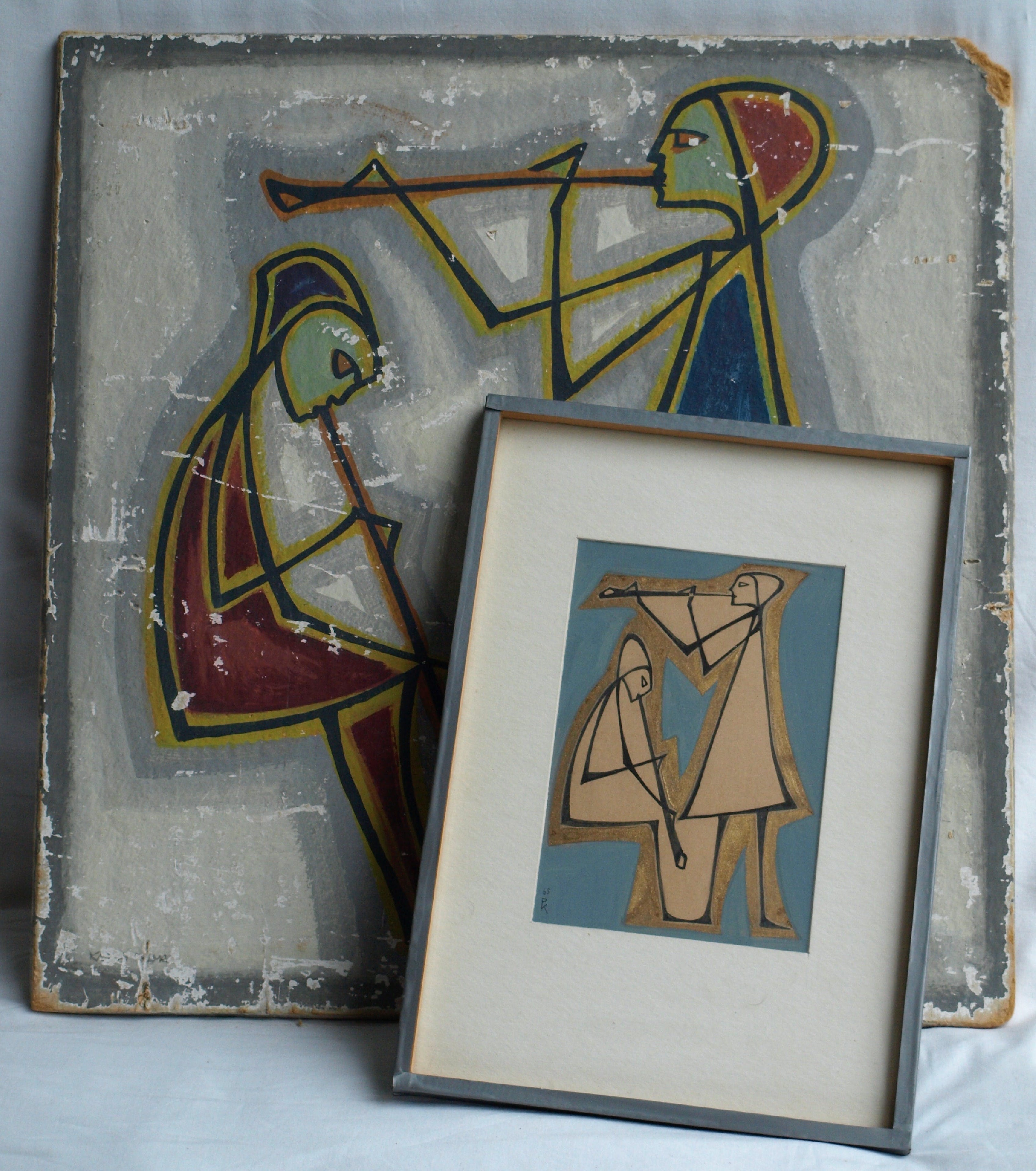 Klaas Pijlman - 2 werken – Muzikanten – acrylverf en goudverf - 1965 ...