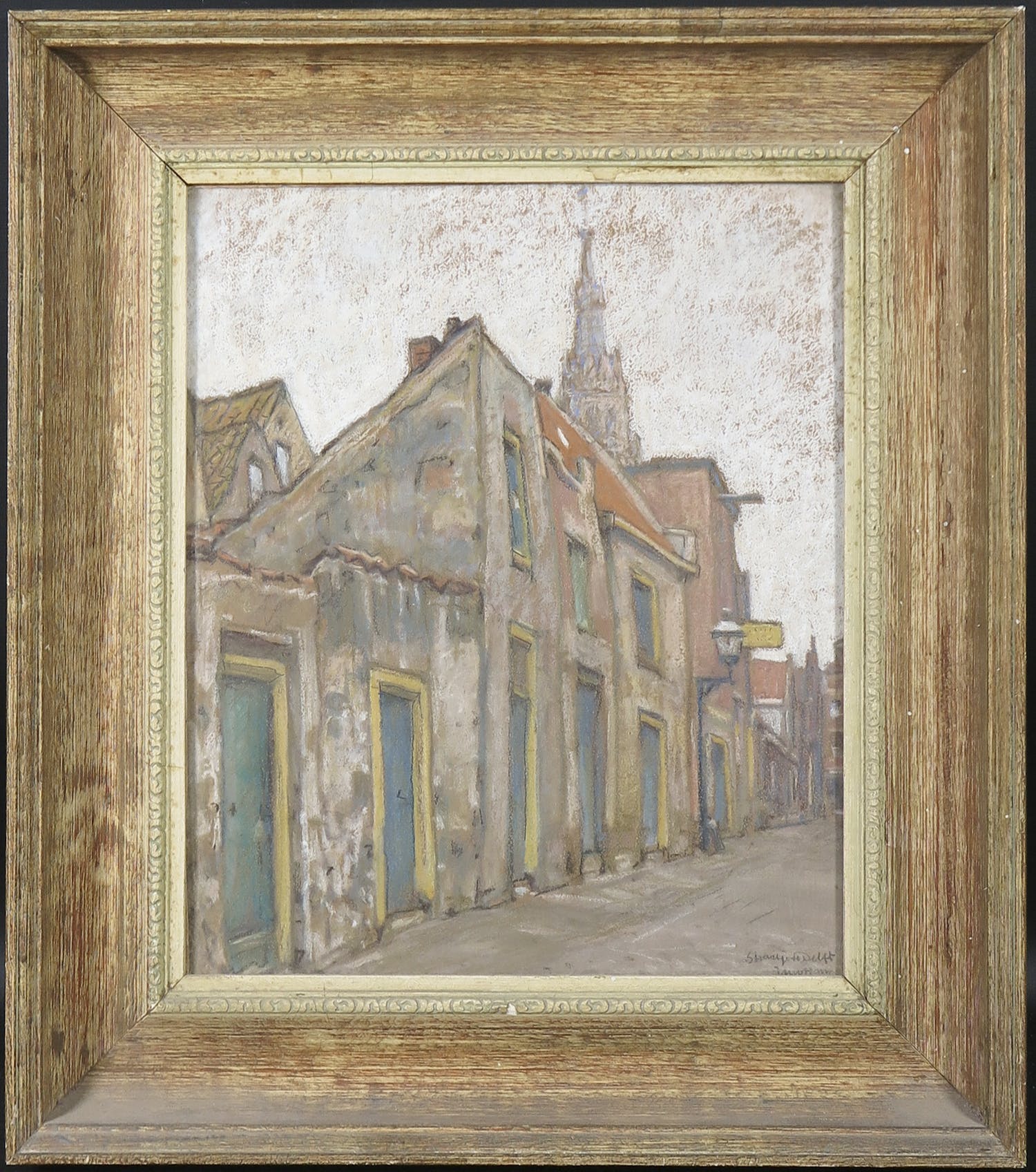 Jan van Ham - Tekening in pastelkrijt, Straatje te Delft - Ingelijst ...