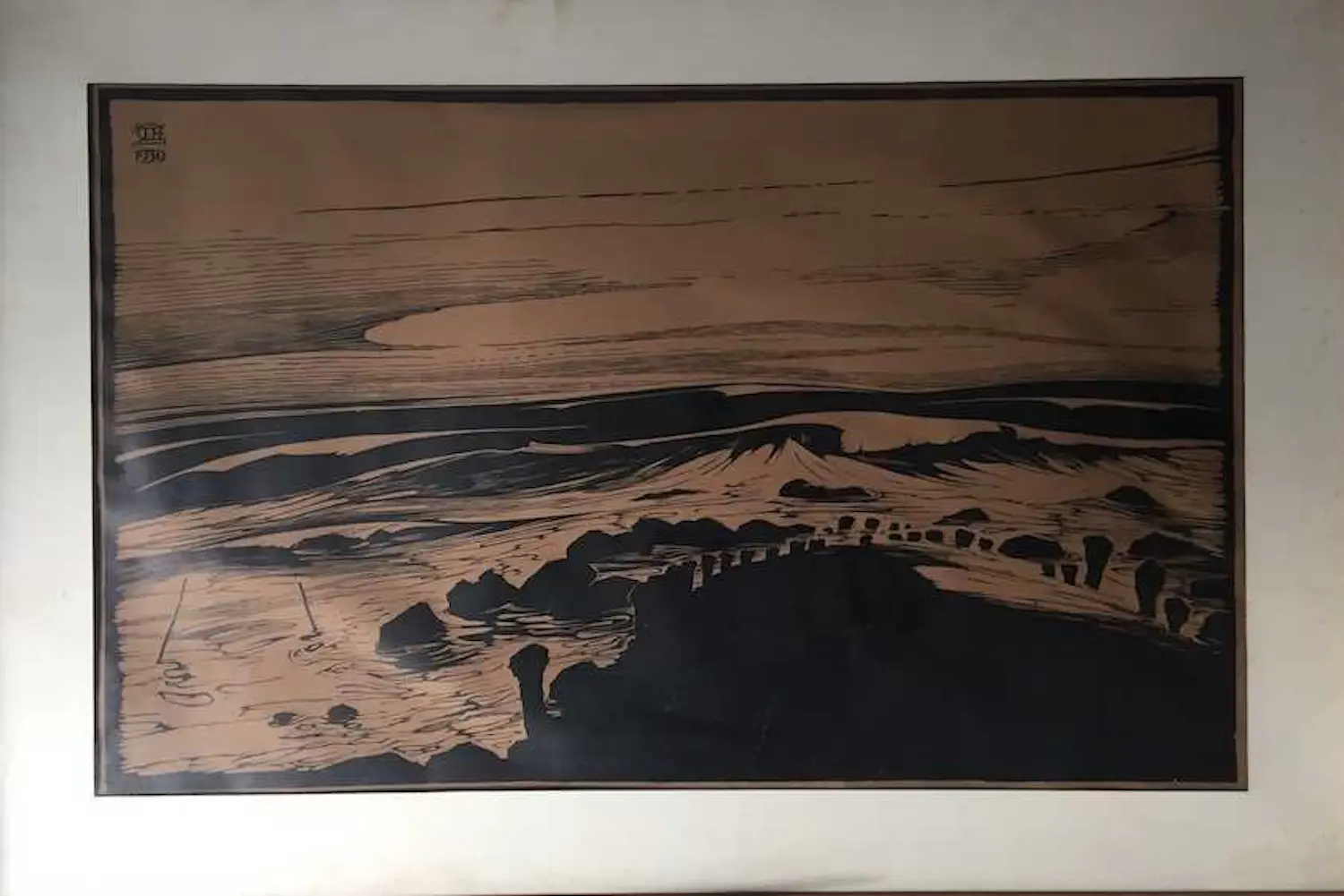 Jan Groen - Kustgezicht - Houtsnede, Ingelijst Verkocht | Kunstveiling.nl