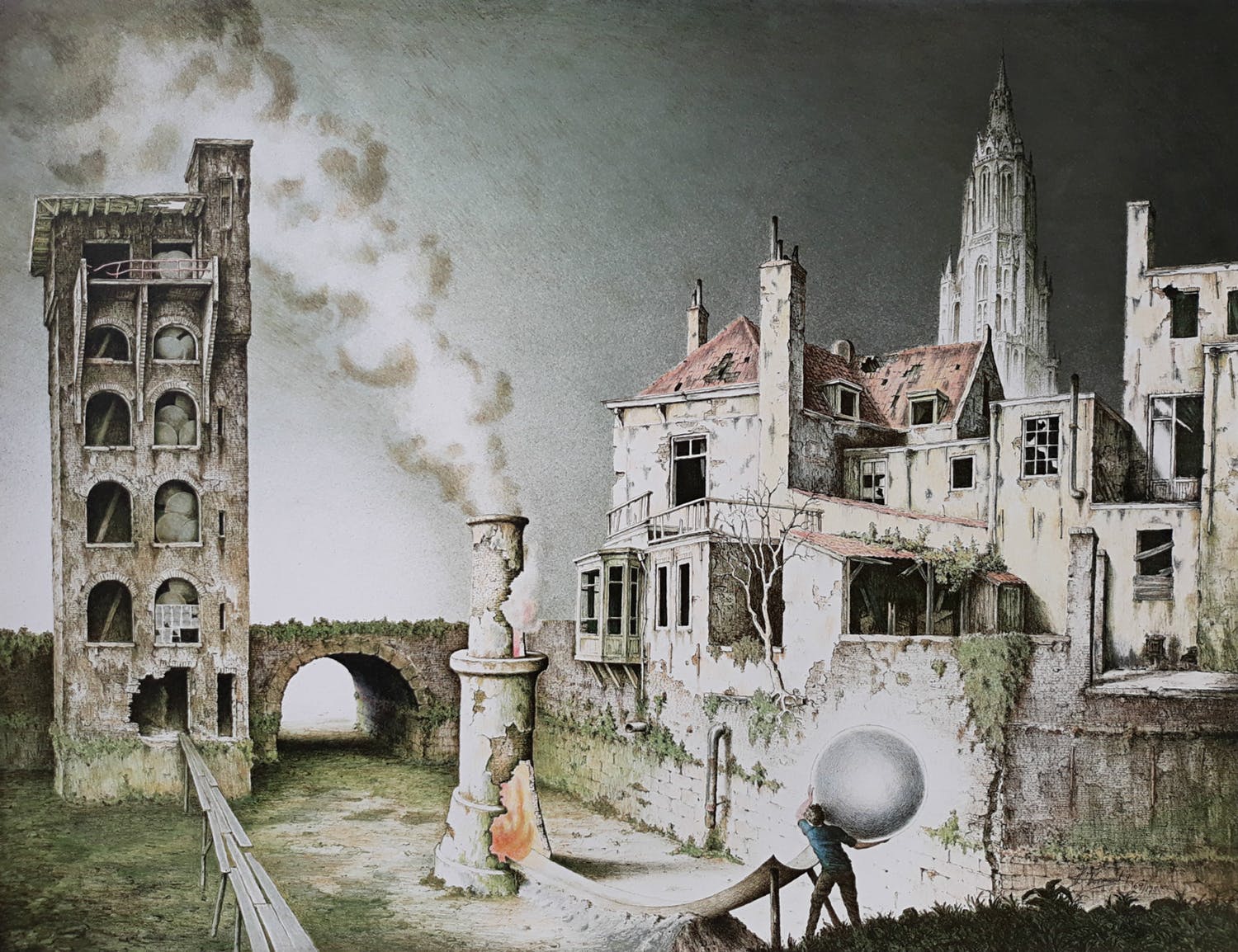 Theo Voorzaat - Man met bal voor ommuurde stad, litho Verkocht | Kunstveiling.nl