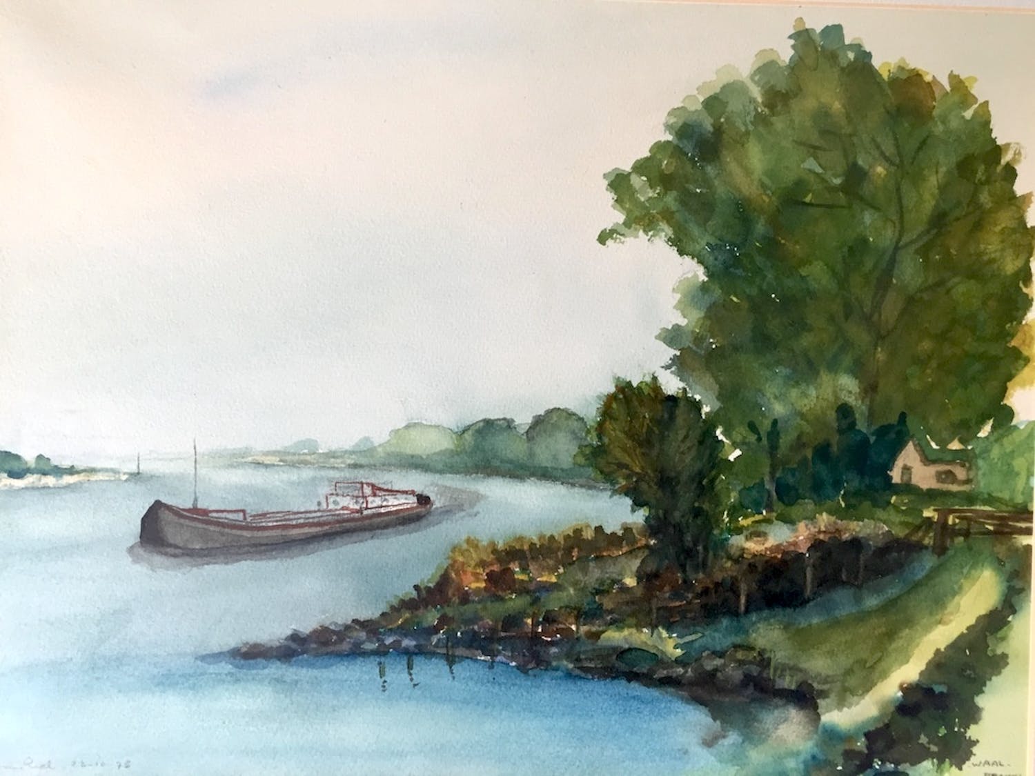 Jan van Riel - Waal - Omgeving Brakel - Aquarel, Ingelijst Verkocht ...