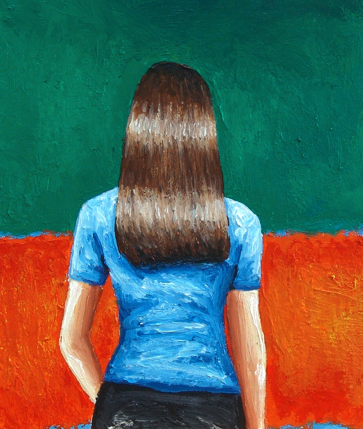 Gerard Boersma - Red, Green On Blue (Vrouw kijkend naar schilderij van ...