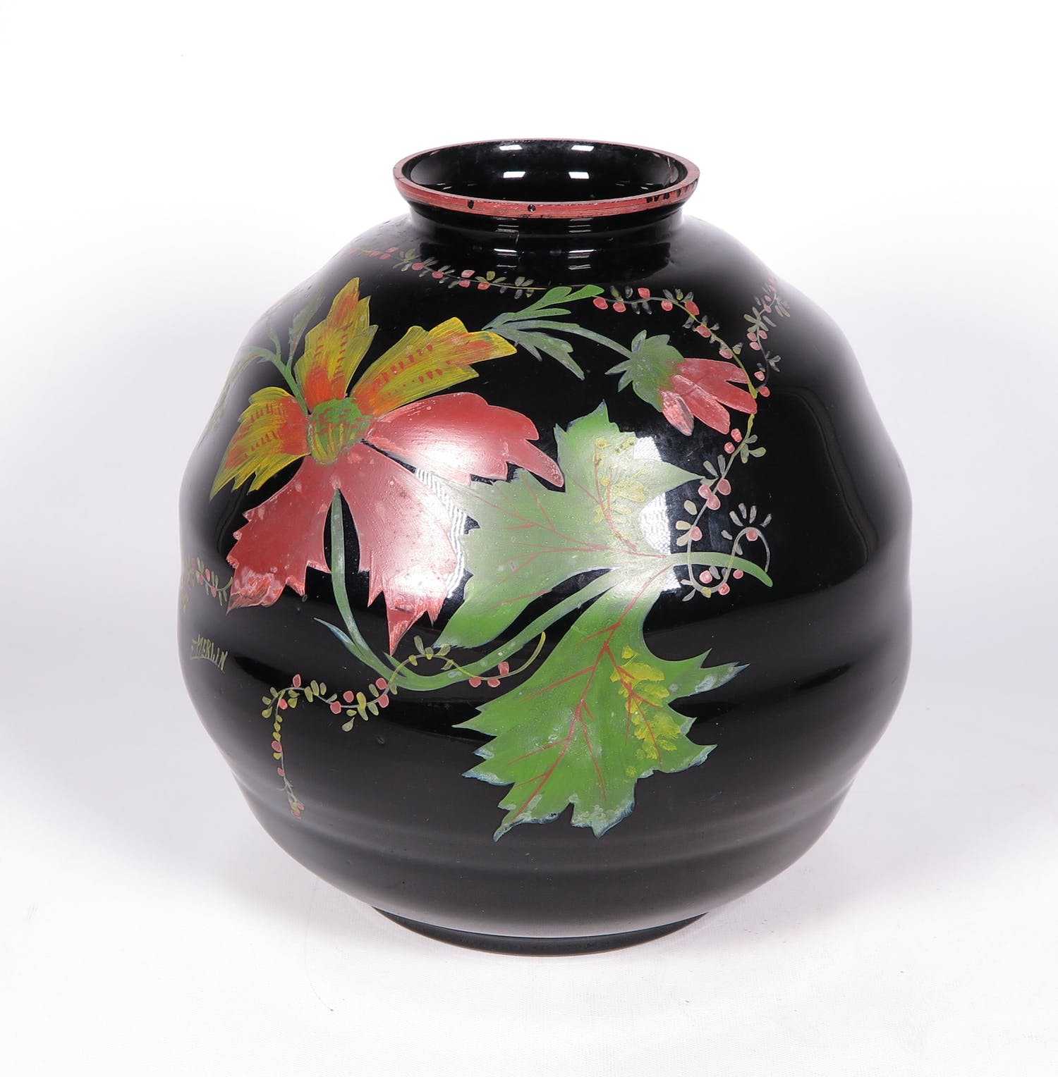 Glasfabriek De Rupel Boom - Hyaliet, Vaas met handbeschilderde bloemen ...